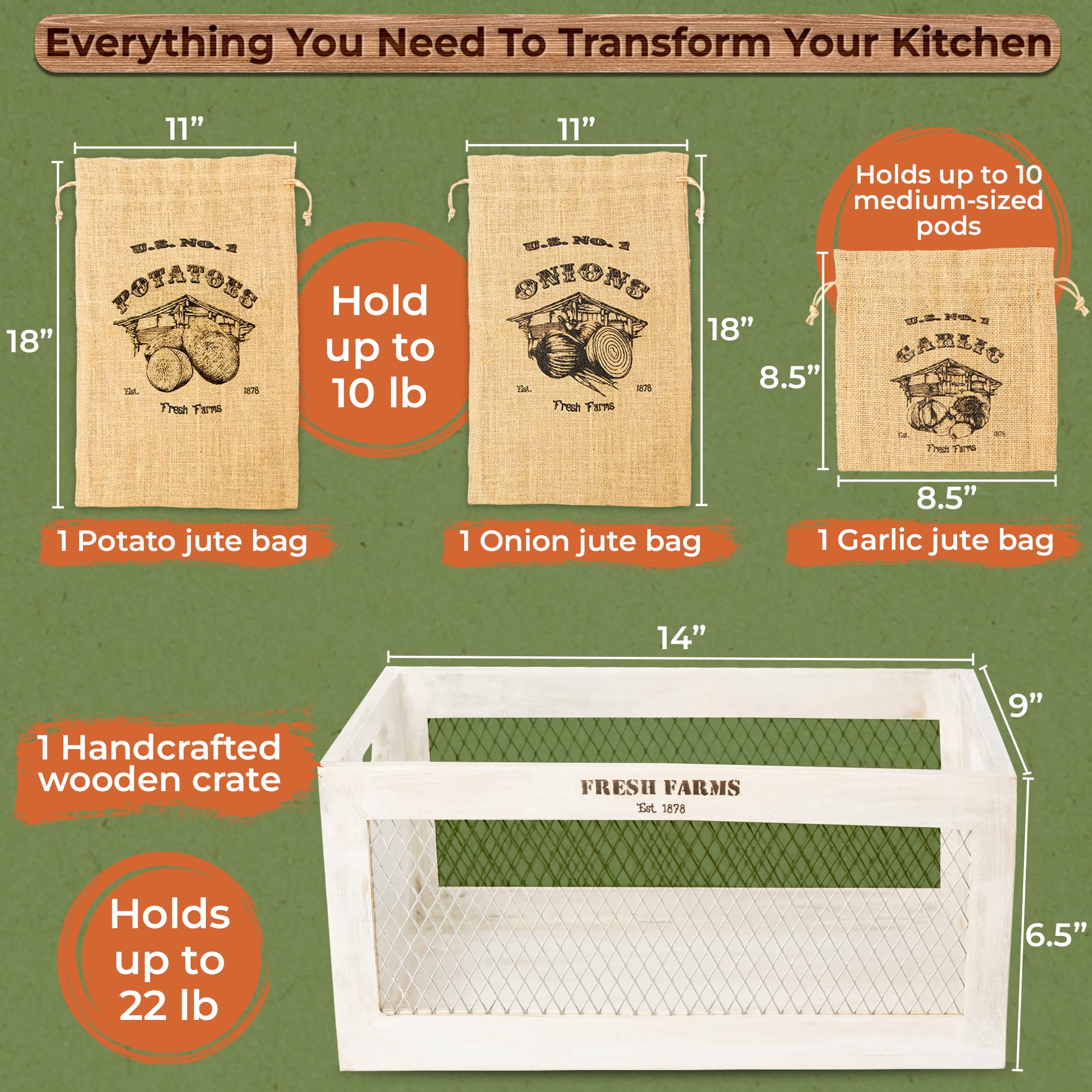 LoadedSpoon Potato and Onion Storage Bin – Garlic Storage, Handcrafted Farmhouse Kitchen Wooden Crate Box, 3 pk Jute Vegetable Storage Bags, Onion and Potato Storage for Pantry or Countertop (White)