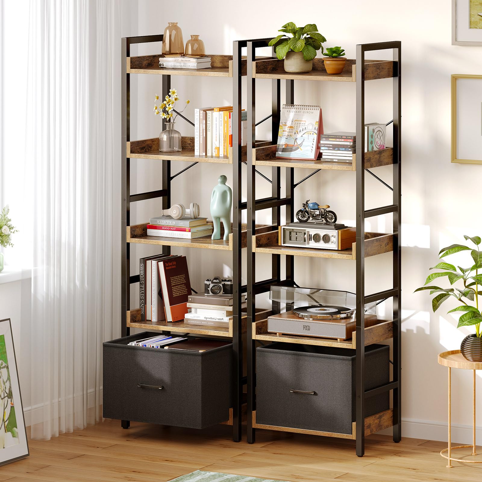 Rolanstar Bookshelf 5 Tier with Removable Drawer, Tall Narrow Bookcase, Industrial Wooden Display Shelves for Bedroom, Living Room, Office, Kitchen, Rustic Brown