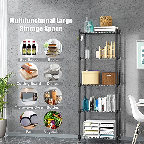 JEROAL 5 Tier Wire Shelving Unit Adjustable Height Storage Shelf Display Rack with 4 S-Shaped Hooks Standing H eavy Duty Metal Shelving for Laundry Bathroom Kitchen (Black)