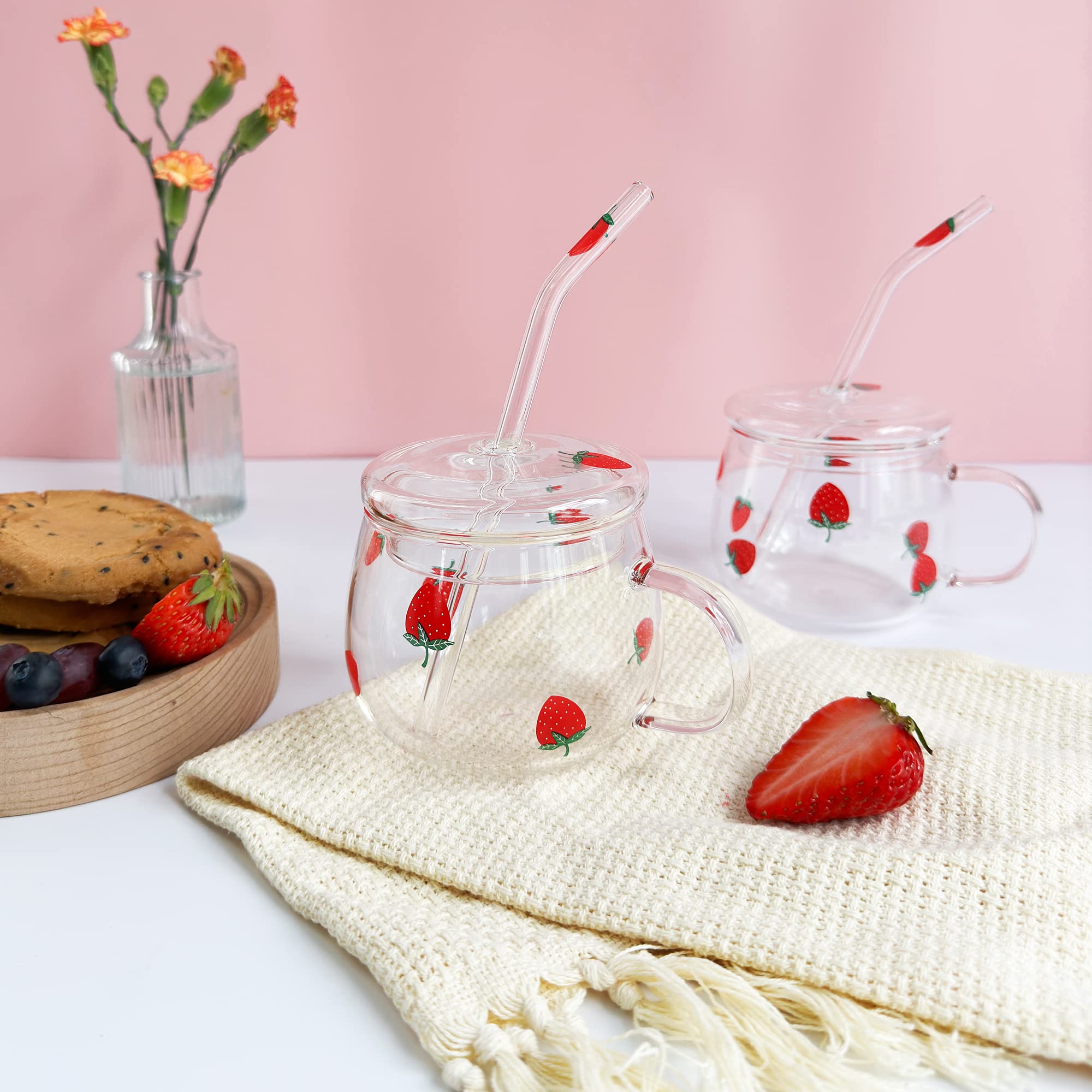 Kreapa strawberry glass cup 2 Sets cute strawberry Clear Glass Mug with Lid and Straw. Strawberry cups with cute strawberry roller stuff pattern decor glass bottle for Juice water milk coffee tea