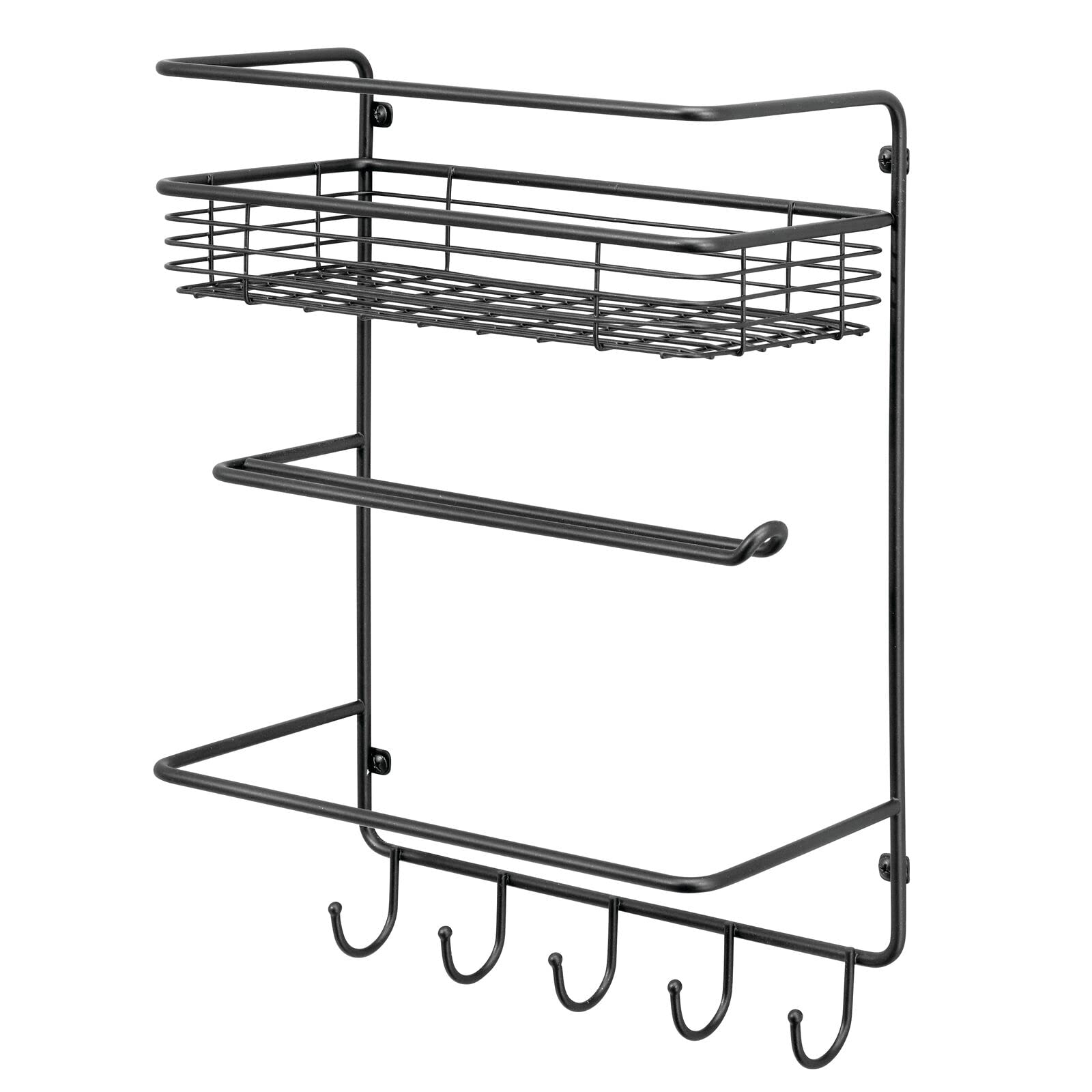 mDesign Metal Wall Mount Paper Towel Holder with Storage Shelf and Hooks for Kitchen, Pantry, Laundry, Garage Organization - Holds Spices, Seasonings, Pot Holders, Cookware - Black