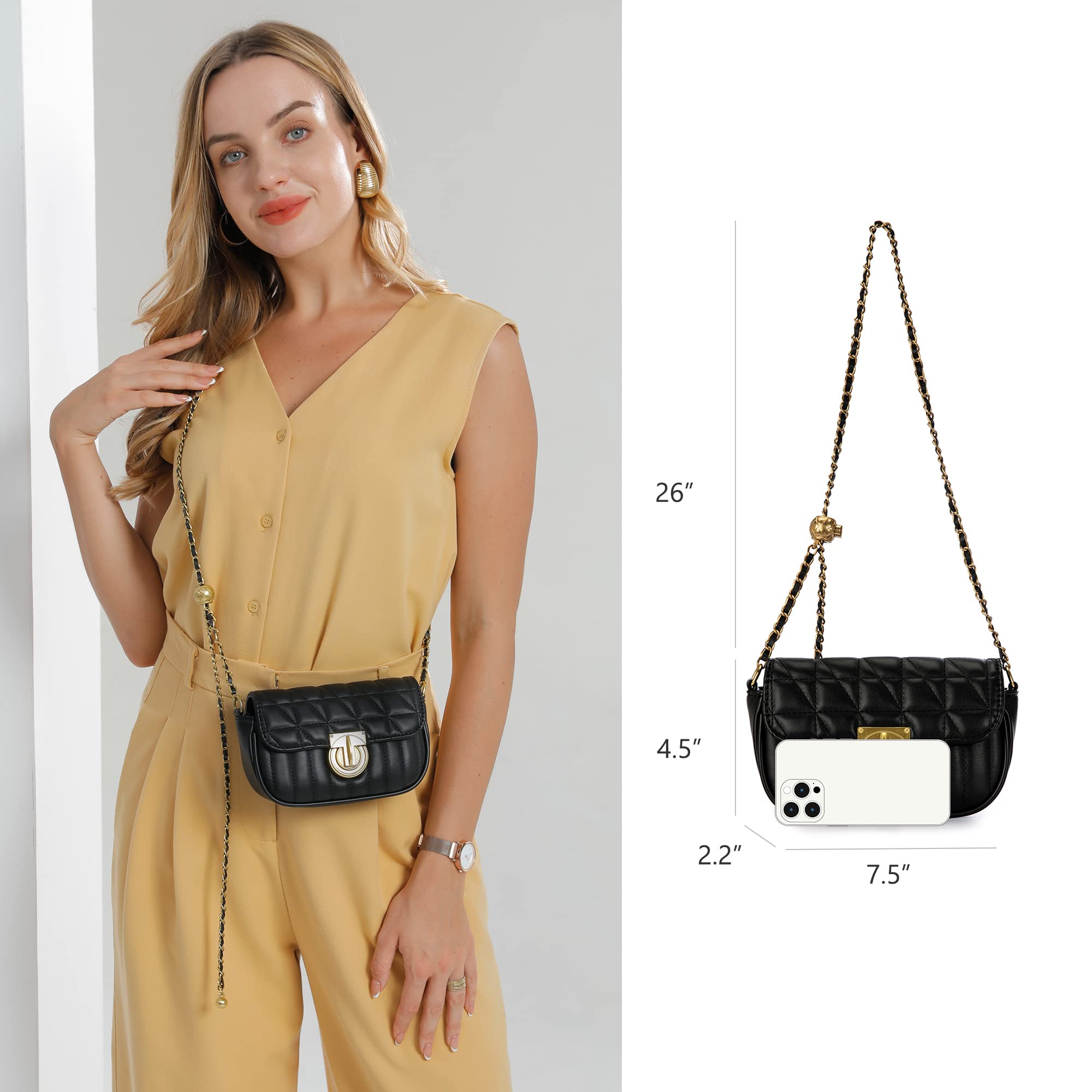 Milan Chiva Quilted Purses for Women Black Cute Crossbody Chain Shoulder Handbags
