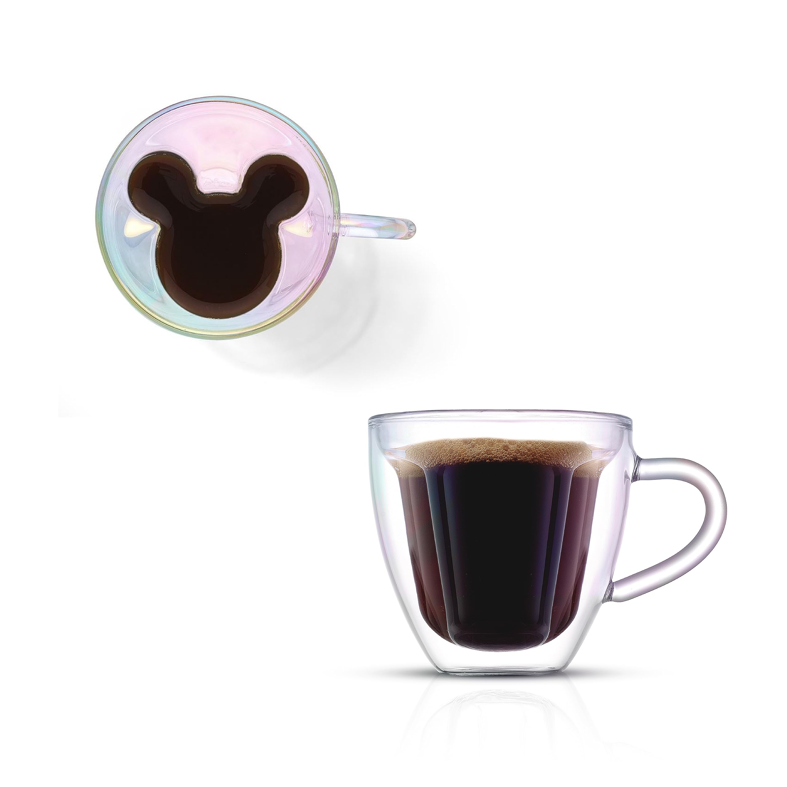 JoyJolt Disney Espresso Cups and Glasses. Disney 100 3D Mickey Mouse Coffee. 5.4oz Double Wall Glass, Insulated Coffee Mug. Iridescent Clear Coffee Cup. 100yrs Disney Merchandise, Glassware and Gifts