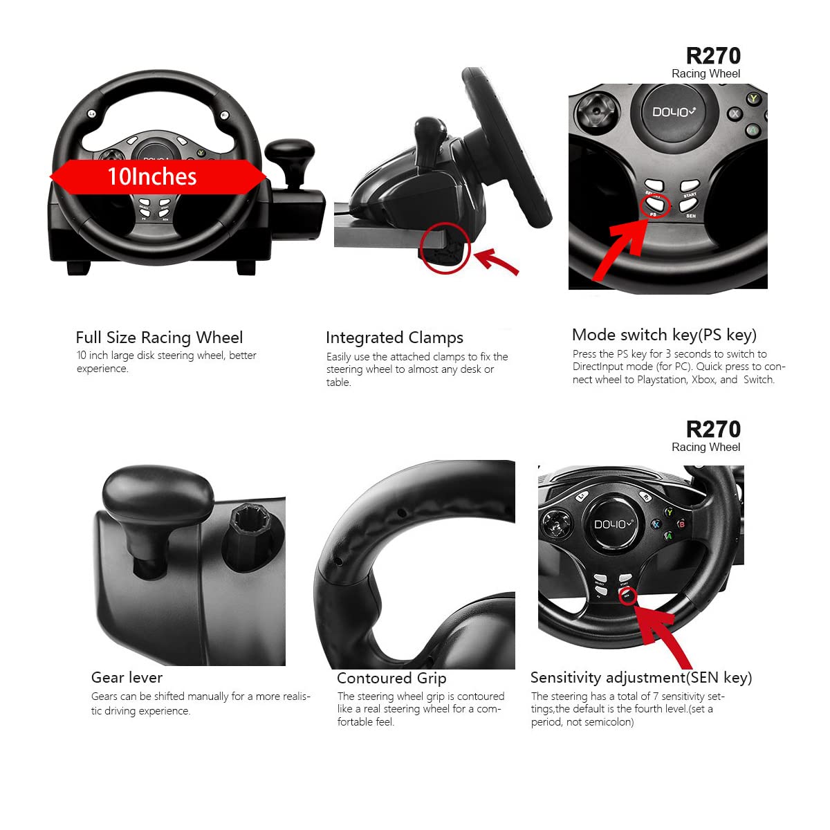 PC Racing Wheel, 270 Degree Gaming Steering Wheel with Responsive Gear and Pedals for Xbox Series X|S, PC, PS4, Xbox One, Nintendo Switch, Android (Black)