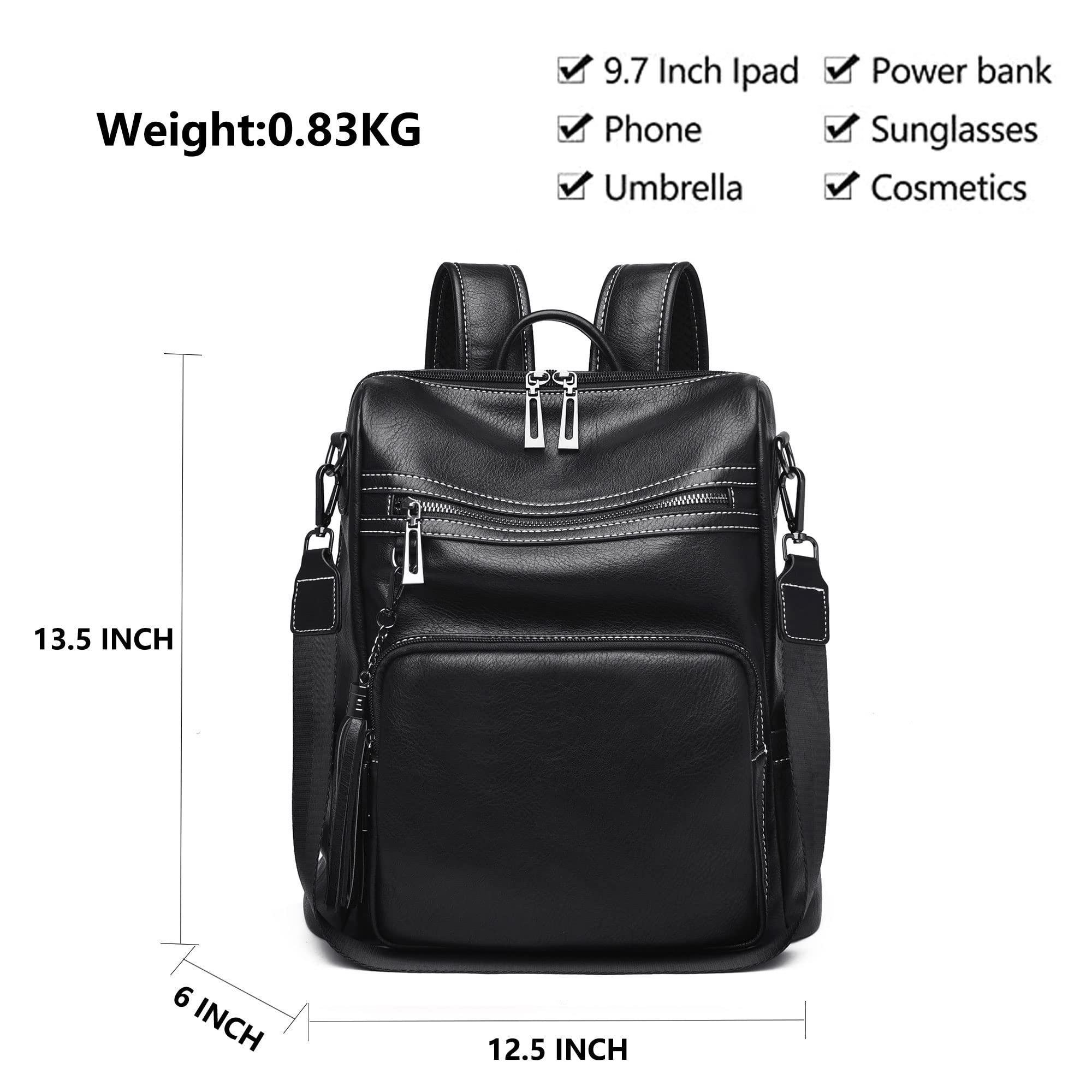 Mistour Backpack Purse for Women Leather Convertible Fashion Travel Womens Purse Backpack with Padded Shoulder Strap (Black)