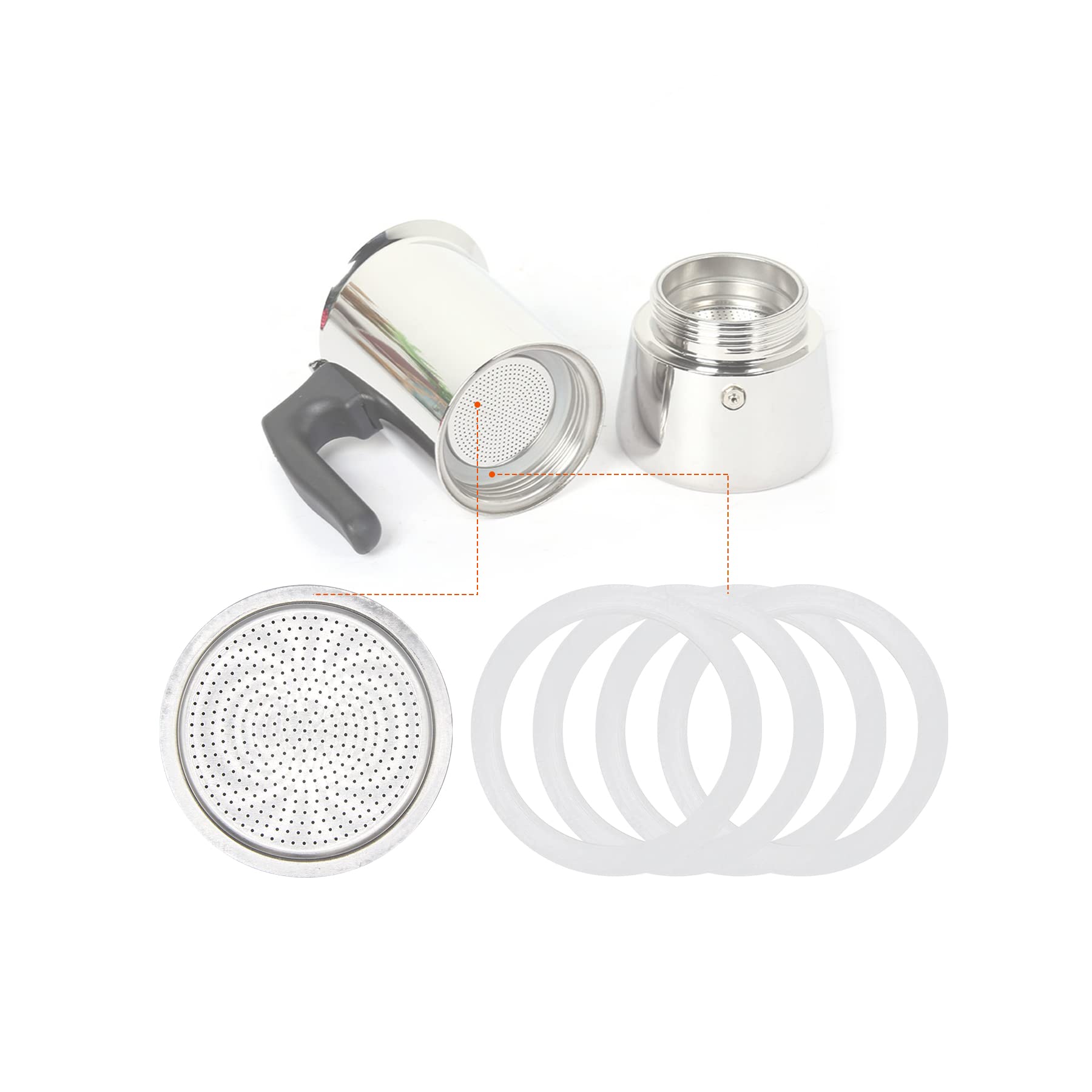MEFONKOU 6 Cups Coffee Gasket for Bialetti Moka Aluminium Stove top Coffee Maker Pots Express - 4 Gasket and 1 Stainless Filter