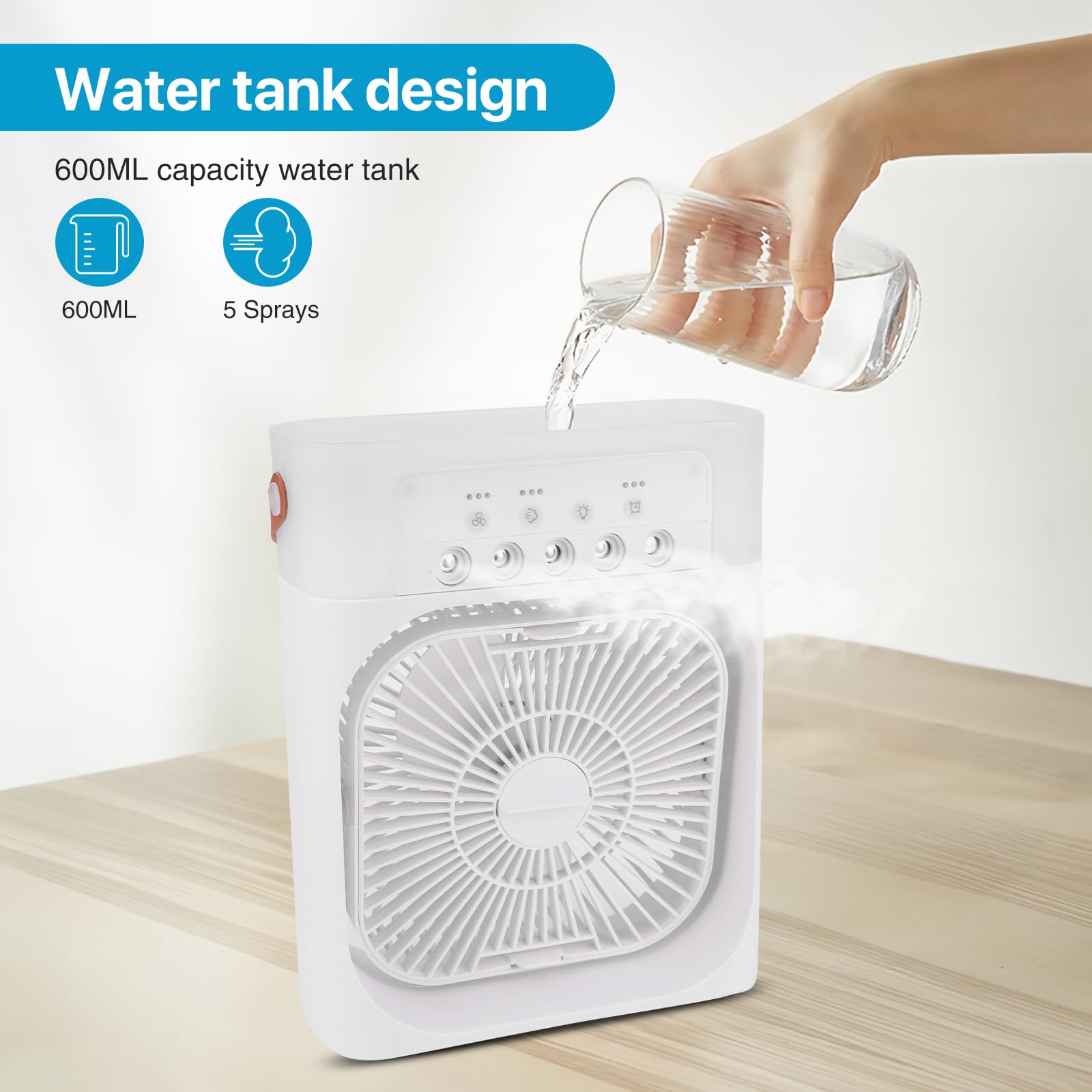 Portable Air Conditioner - Mini Evaporative Air Cooler Desk Air Conditioner Fan with 3 Wind Speeds, 3 Spray Modes, 1/2/3 H Timer and 7 Color Light, Air Cooling Fan