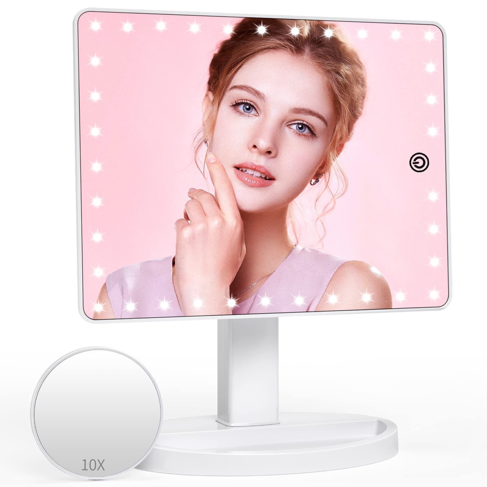 Large Lighted Makeup Mirror (X-Large), Makeup Vanity Mirror with 35 LED Lights and 10X Magnification, Touch Sensor Dimming, Dual Power Supply, 360° Rotation Tabletop Personal Beauty Light Up Mirror