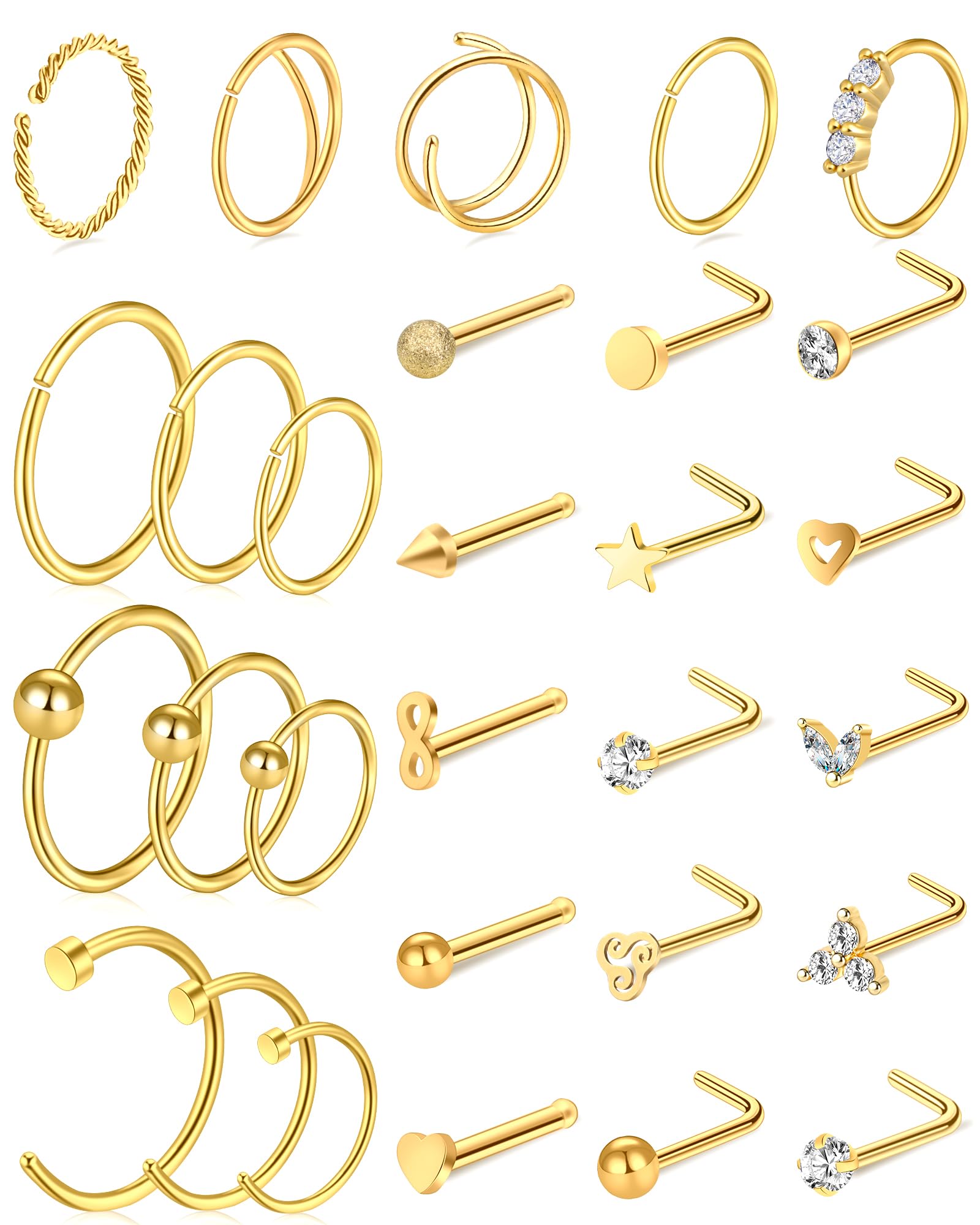 ONESING 29 PCS Gold Nose Rings for Women 20g Nose Piercings with Nose Rings Hoops L shaped Nose Screw Surgical Stainless Steel Nose Studs CZ Heart Star Hypoallergenic Nostril Nose Piercing Jewelry