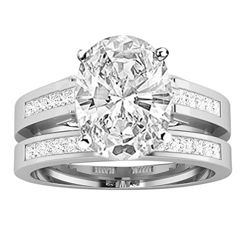 Houston Diamond District 2.45 Carat t.w. 14k White Gold Channel Set Princess Cut Diamond Engagement Ring w a 2 Ct Forever Classic Oval Moissanite Center