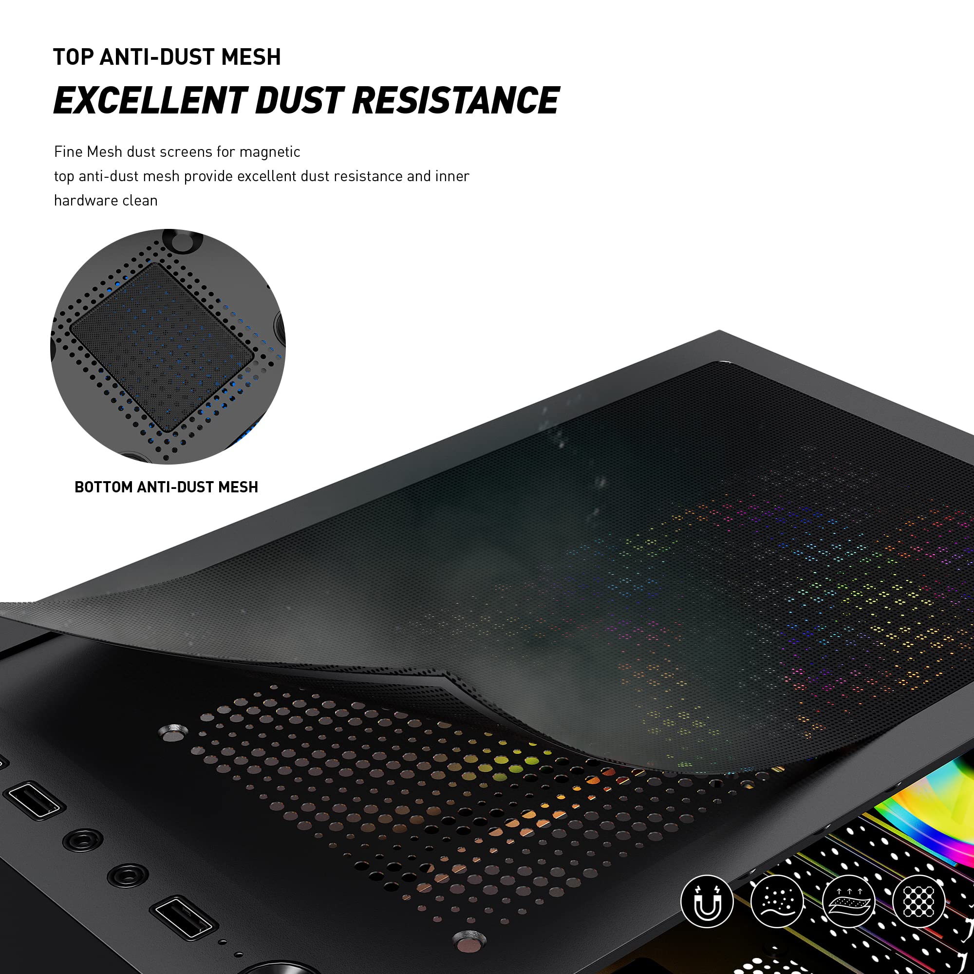 RHIROTEC MATX Micro ATX Case Gaming PC Case, Computer Case Pre-Installed 4 x RGB Rainbow Fan Tempered Glass Side Panel & Hollow Out Front Panel Ventilated Airflow with Magnetic Design Dust Filter