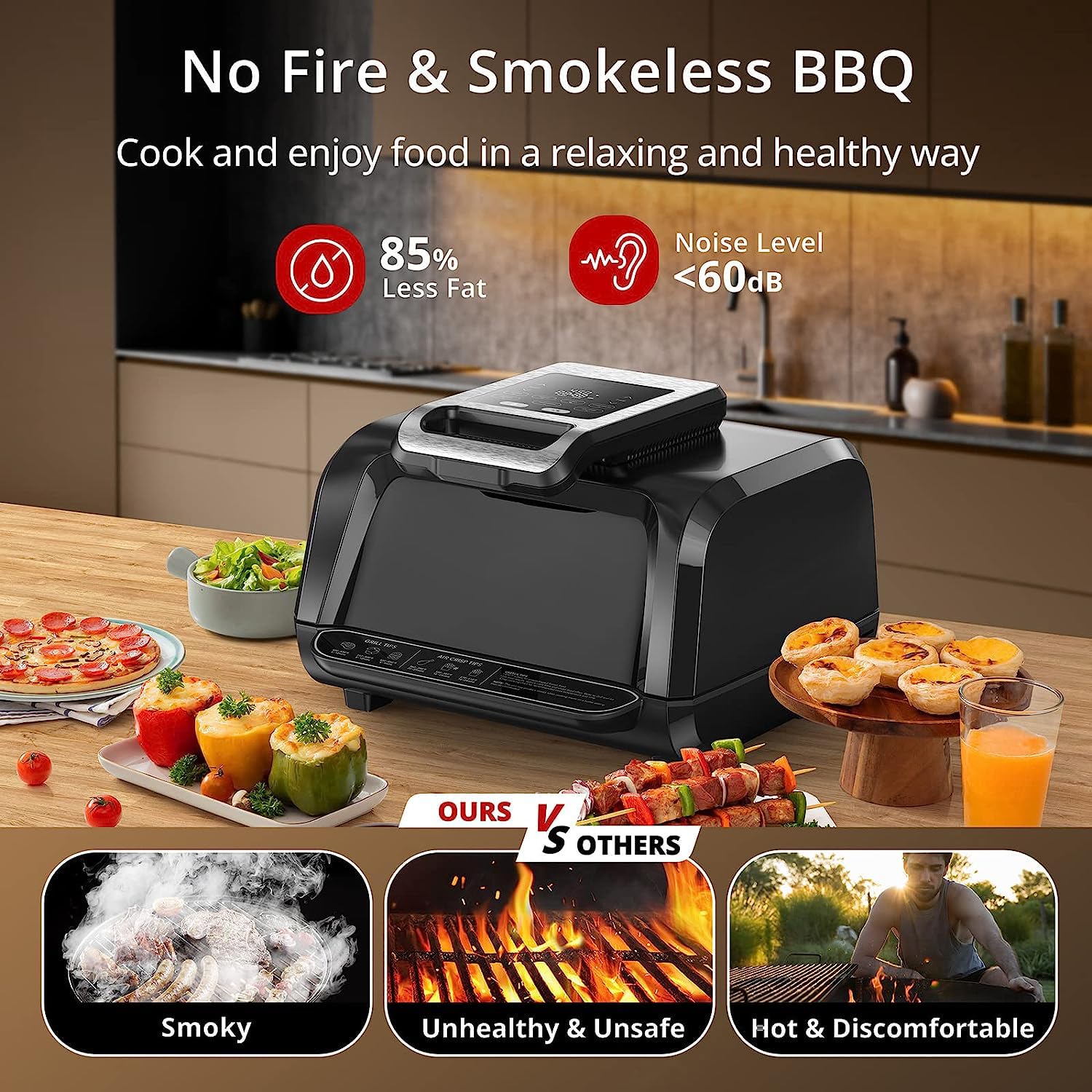 Indoor Grill Air Fryer Combo Smokeless, Fast Heating, and 7-in-1 Functionality with See-Through Window, Non-Stick Removable Plates,Electric Grill up to 450°F Even Heat, Silicon Tongs, 4Qt, 1750W