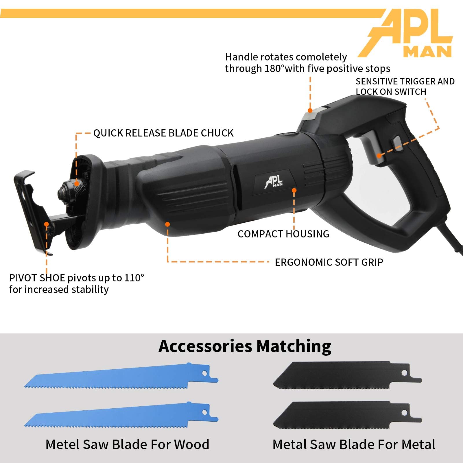 Reciprocating Saw,8.5 Amp Motor,Quickly Cut Depth in Wood and Metal Cutting By 1020W,3/4"(28mm) Stroke Length, 2800SPM and 6" Max.