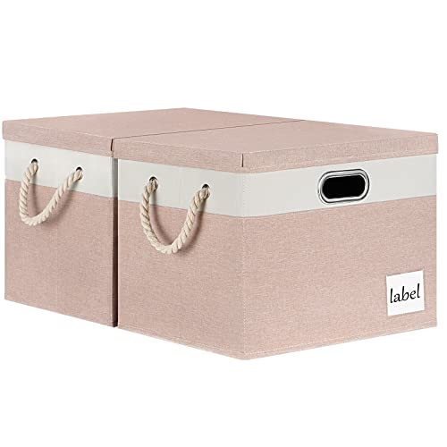RVSNQ Extra Large Storage Bins with Lids, 16"x12"x12" Foldable Fabric Storage Boxes with Lids, Storage Basket with Cotton Rope Handle and Label, Storage Boxes for Organizing Office, Shelf, Home (2-Pack, Beige&White)