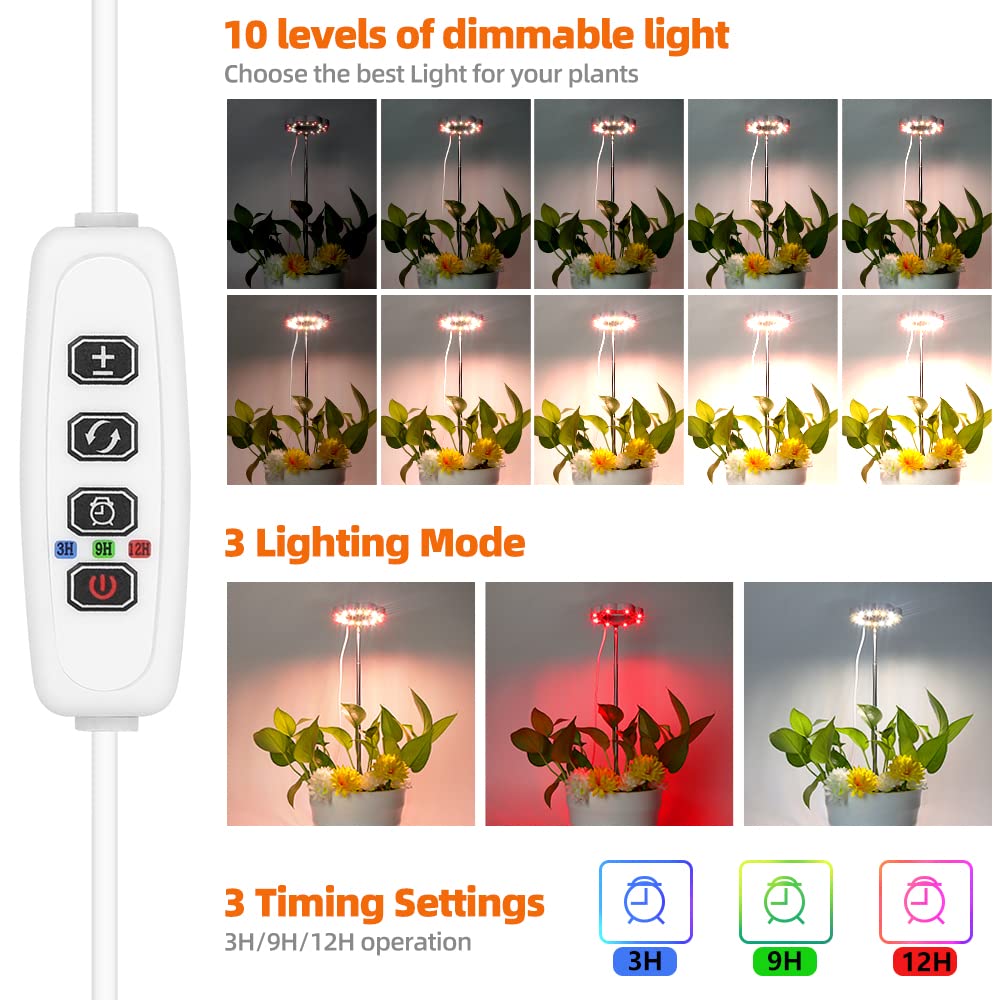 PDGROW LED Grow Light for Indoor Plants, Full Spectrum Plant Halo Lights with Red Light, Height Adjustable Growing Lamps with Timer, 3 Lighting Modes & 10 Dimmable Brightness for Small Plants (1 Pack)