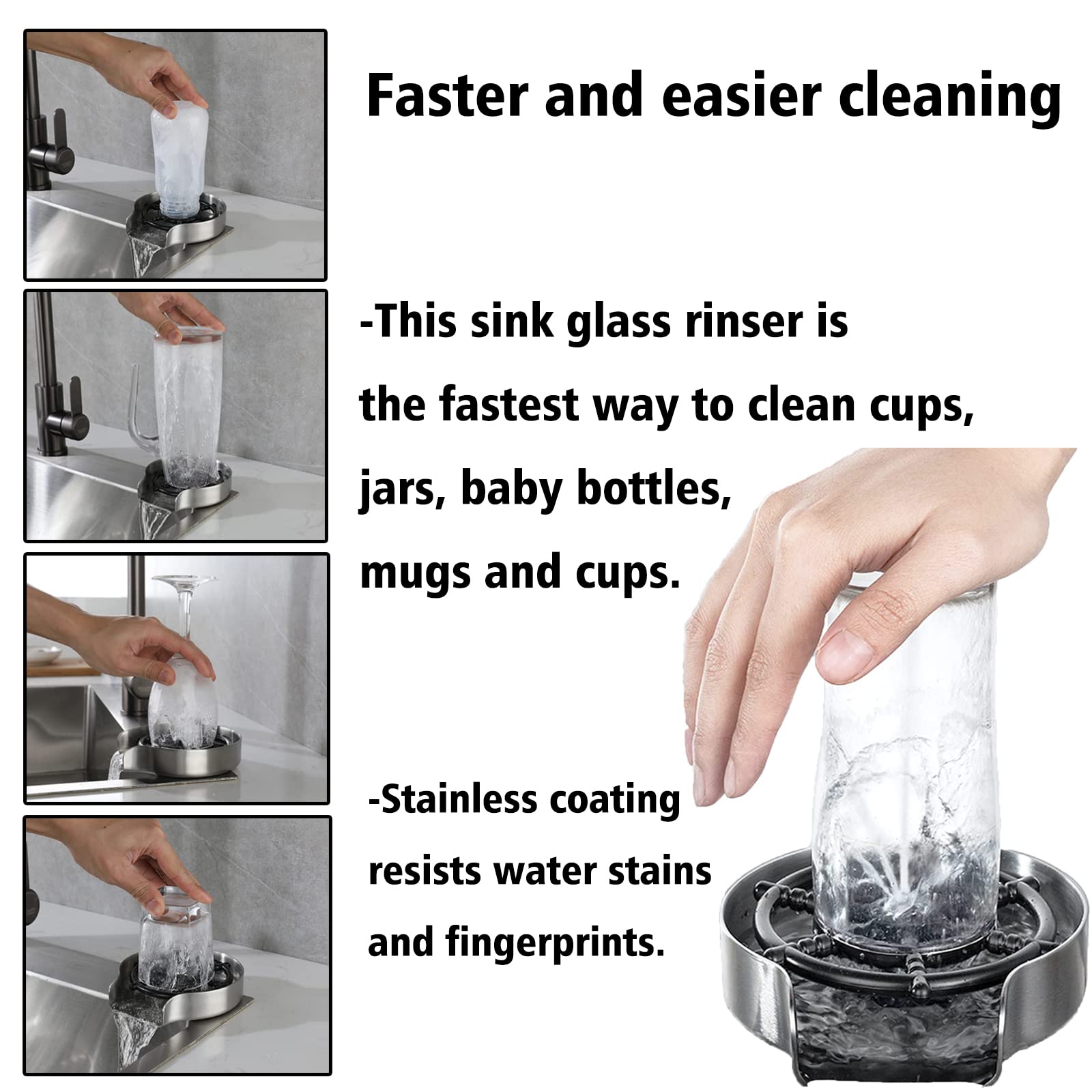 Kitchen Sink Glass Rinser Cup Rinser Kitchen Faucet Sink Glass Washer for Kitchen Sinks Stainless Steel Bottle Washer Bar Sink Accessories