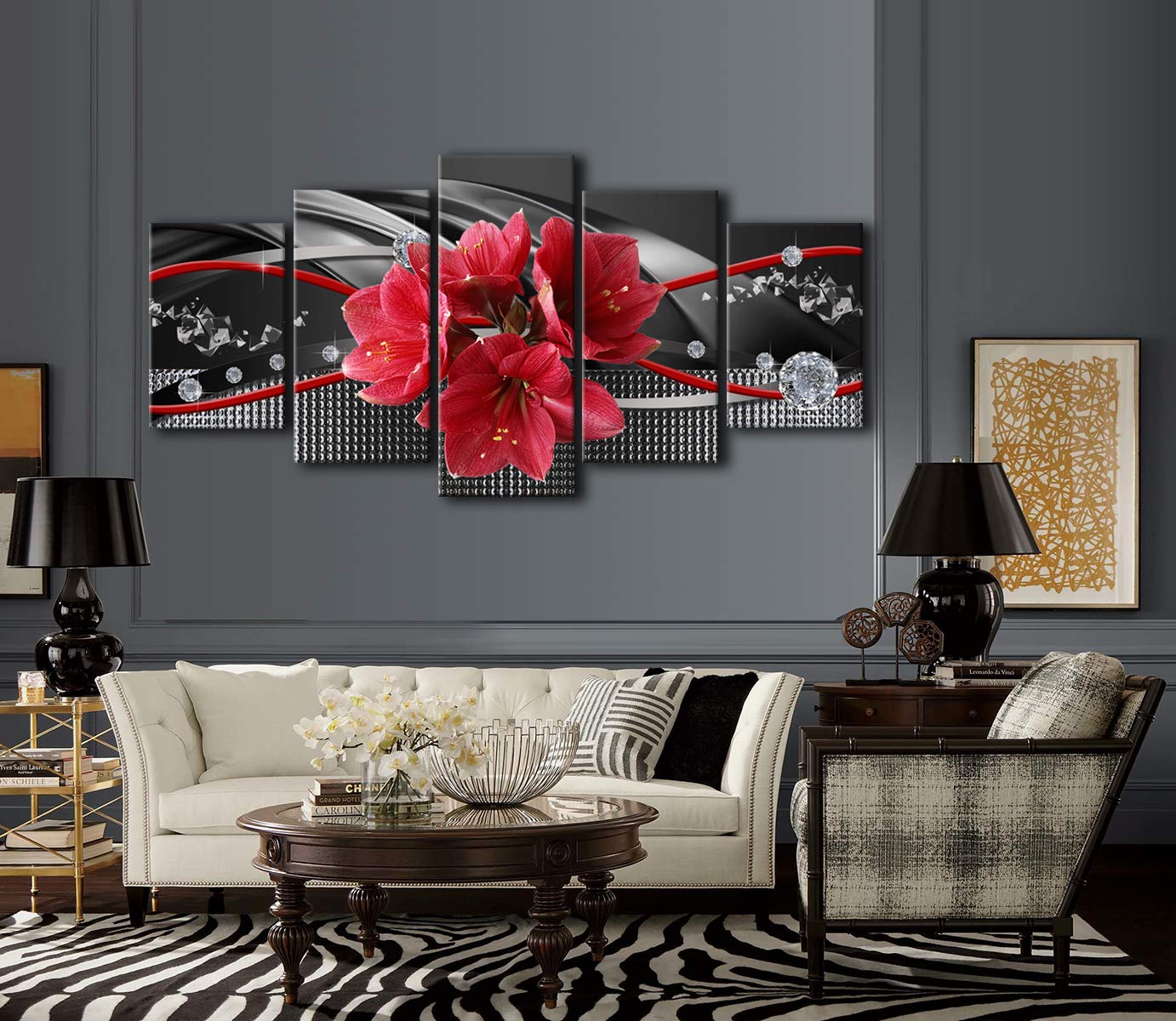 Large Red Flower Canvas Wall Art Prints Picture Black 5pcs Painting Home Decor Bedroom Ready to Hang Framed Modern Artwork 30x60