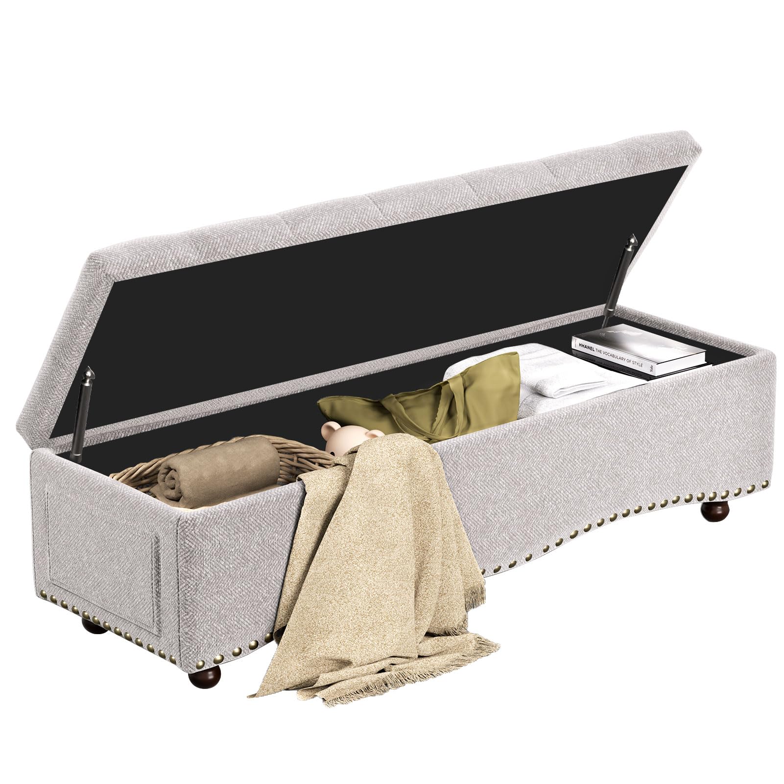 ZZW Storage Ottoman Bench 48.5“ Upholstered Storage Bench with Larger Storage Space End of Bed Bench with Safety Hinge & Wood Legs Tufted Fabric Ottoman for Bedroom & Living Room & Entryway
