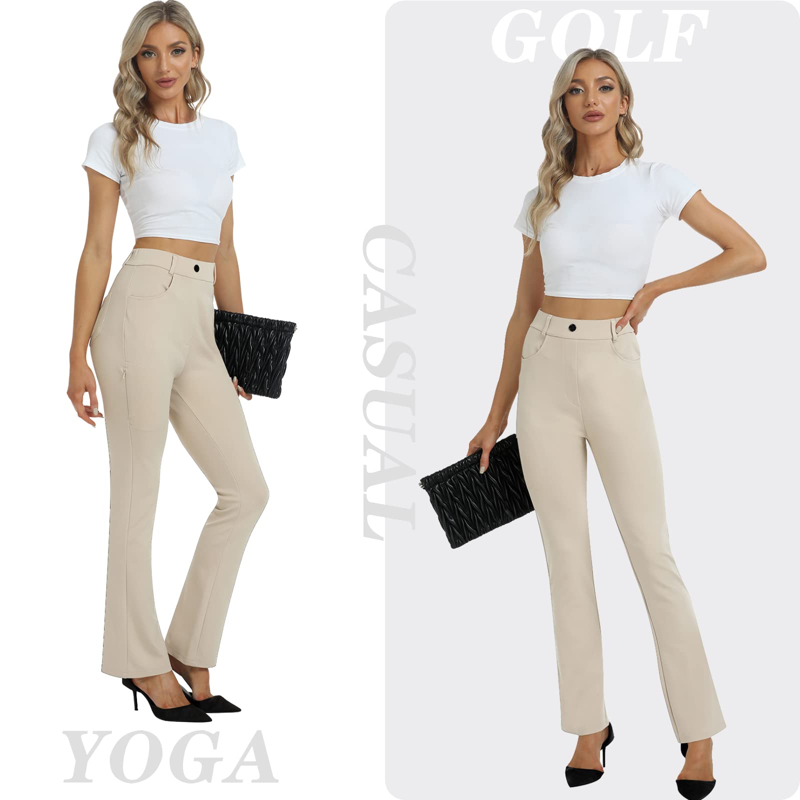 MoFiz Women's 29" Yoga Dress Work Pants Bootcut Leg Elastic Waist Business Office Stretchy Slacks Casual Golf with Pockets Light Khaki M