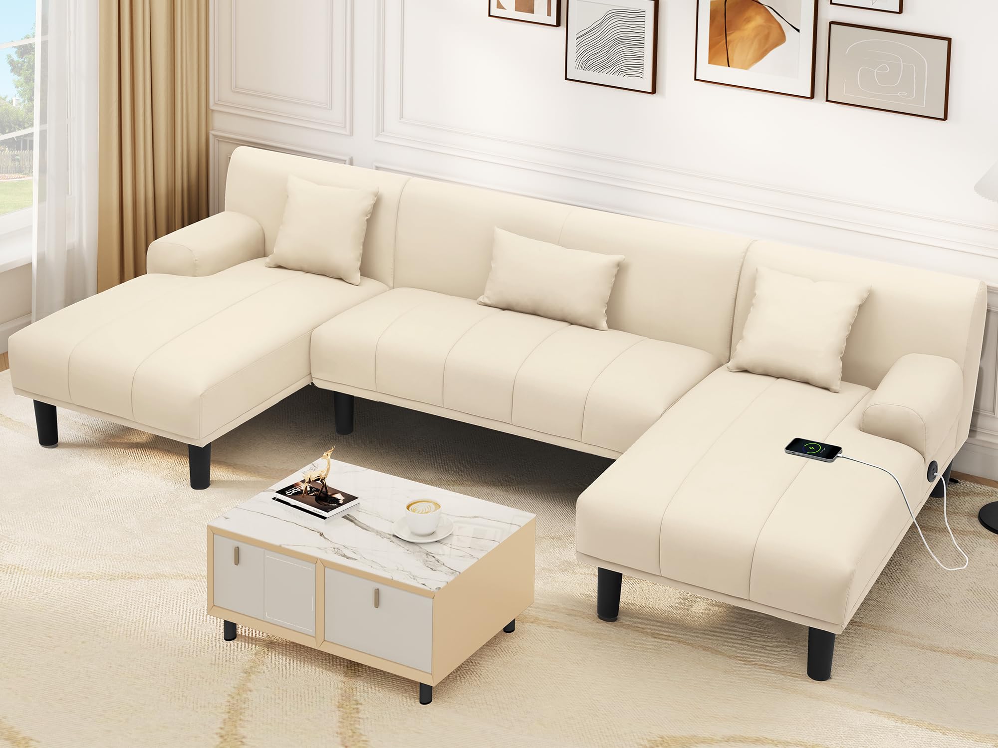 YITAHOME Sectional Couches for Living Room, U Shaped Sofa Faux Leather Modern Modular Couch Sofa with USB & Type C Charging Ports Double Chaise and Comfy Upholstered, Beige