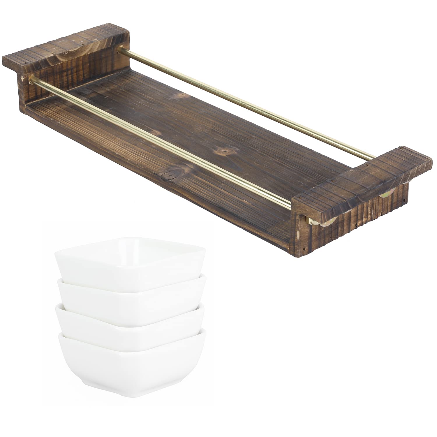 MyGift 5 Piece White Ceramic Small Dip Bowl and Burnt Wood Serving Tray Party Set, Mini Condiment Dipping Bowls for Appetizer, Soy Sauce, BBQ