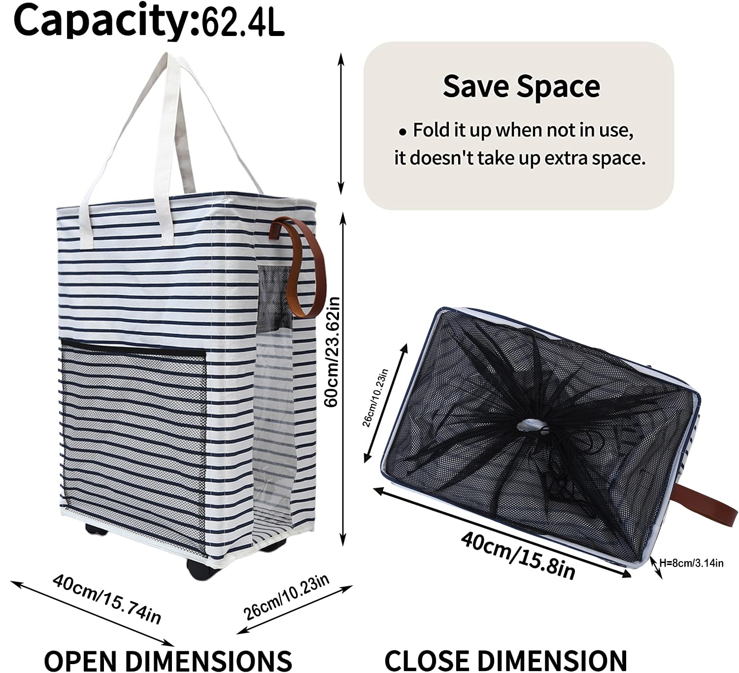 HiCharmcci Laundry Hamper, Wheeled Collapsible Clothes Hampers for Laundry, Large 82L, Dark Blue Strips, Sturdy Oxford Fabric, Mesh Closure, Portable Handle, Transparent Window
