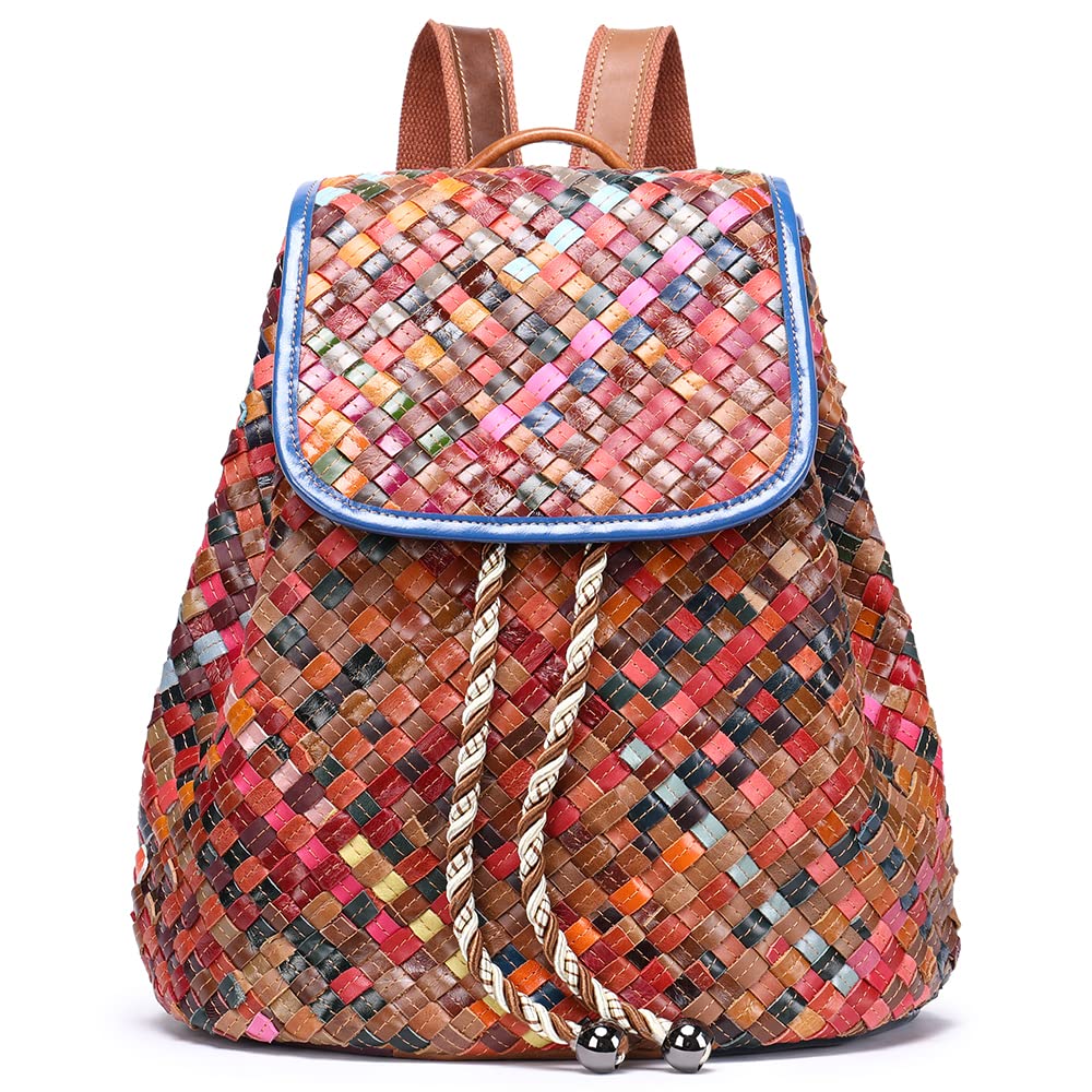 MASIWEI Genuine Leather Patchwork Backpack Purse for Women Multicolor Cute Large Capacity Bookbag with Drawstring Design