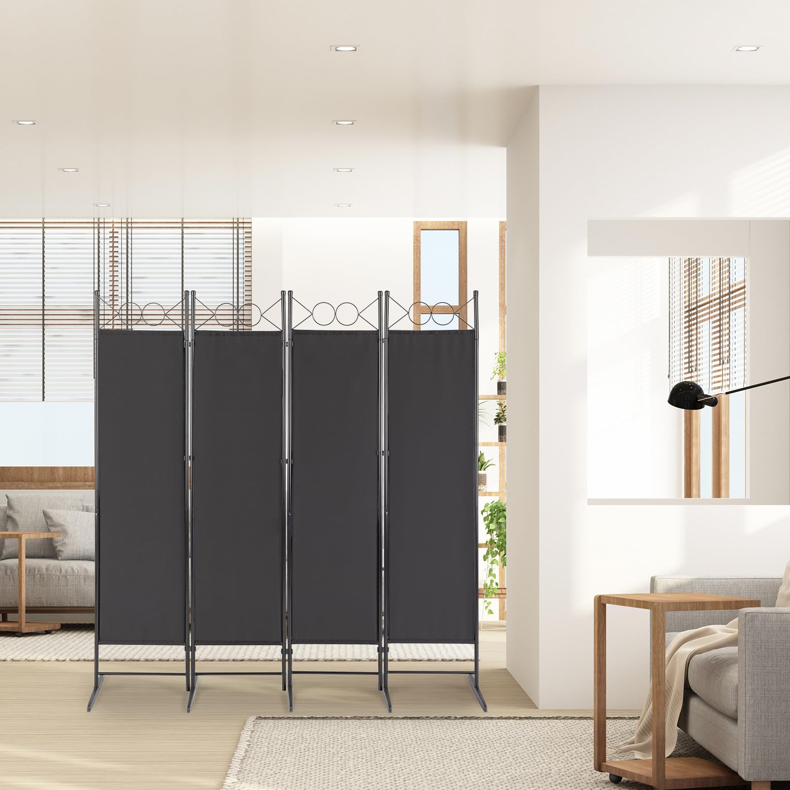 Indoor Room Divider,5.74 Ft Folding Privacy Screens with 17" Support Feet for Bedroom,Dining Room Office (4 Panel, Black)