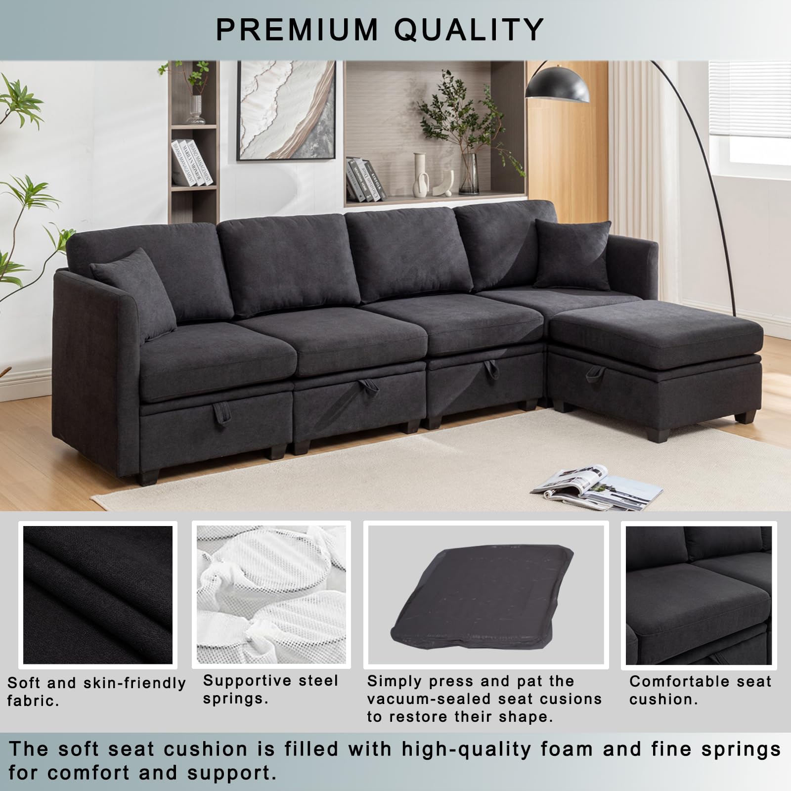ZIGHTH Modular Sectional Living Room Sofa Couch Set, Convertible L Shaped Sofa Couch with Storage, 5 Seater Modular Sectionals Sofa Couch with Chaise and Adjustable Backrest. Dark Grey