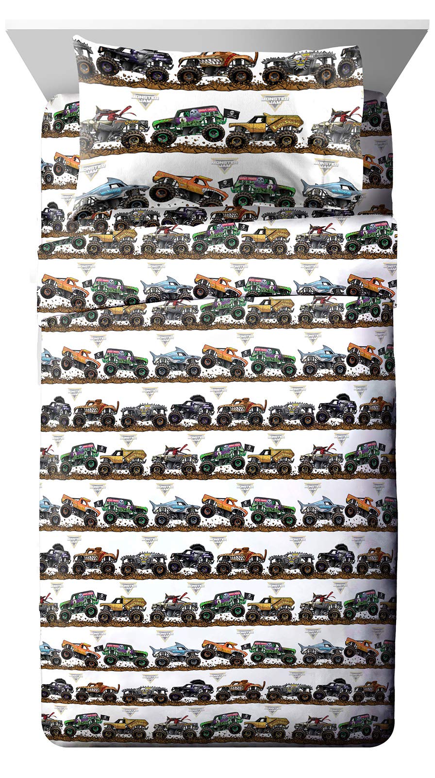 Jay Franco Monster Jam Tracks Queen Sheet Set - 4 Piece Set Super Soft and Cozy Kid's Bedding Features Grave Digger & Megalodon - Fade Resistant Microfiber Sheets (Official Monster Jam Product)