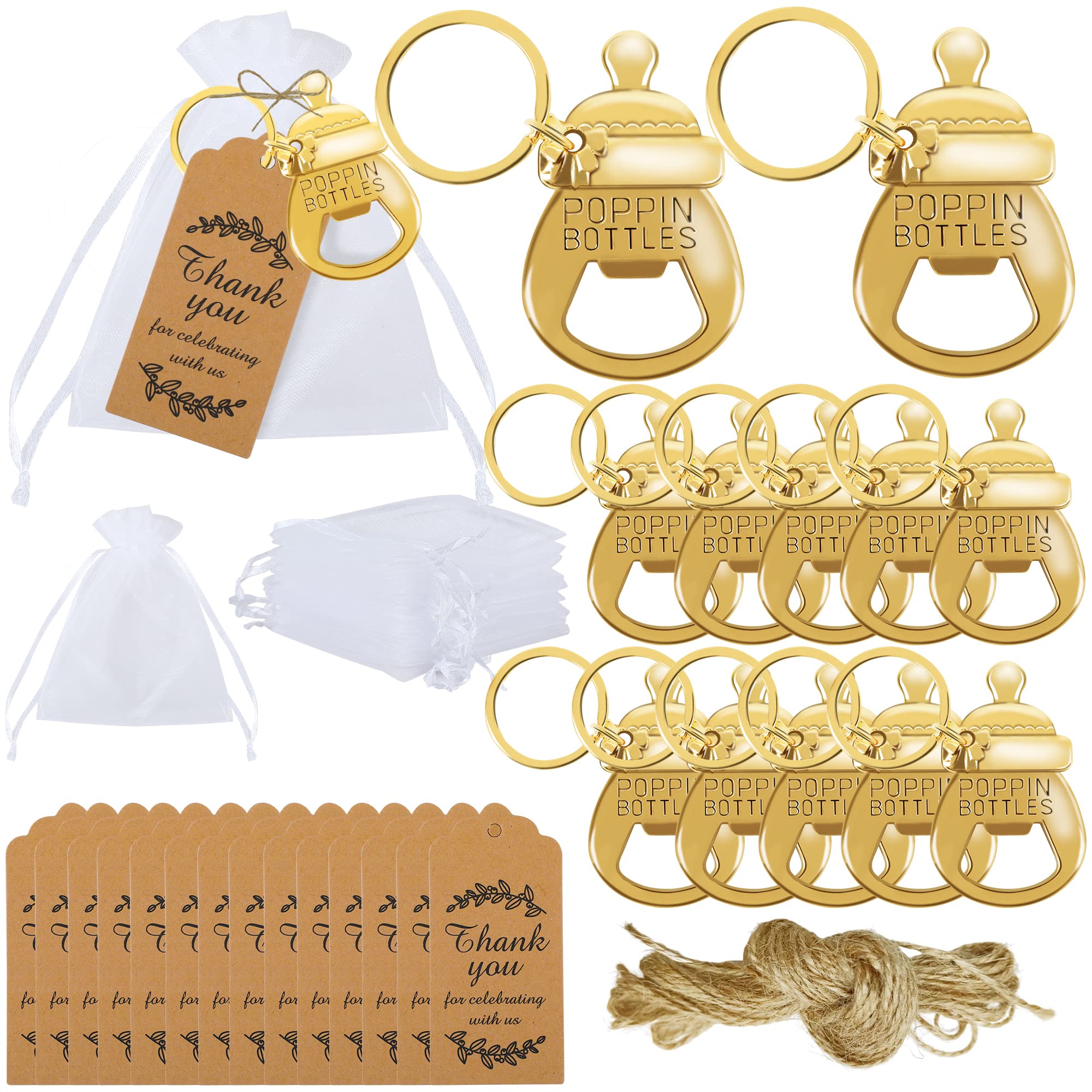 Pecopcock 50 Pcs Baby’s Bottle Keychain Bottle Opener Baby Shower Party Favor Supplies Return Gifts for Guests with Organza Bags Thank you Bags for Baby Shower Party Souvenirs Gifts, Gold