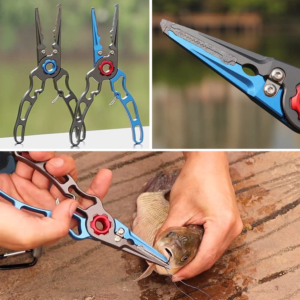 MengK Aluminium Fishing Pliers Hook Remover Pliers Fish Holder Split Ring Tool Clip Clamp Line Cutters with Lanyard and Storage Bag
