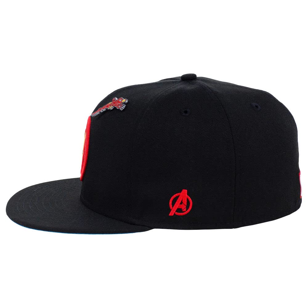Marvel Ironman Fashion Fitted w/Pin Flat Bill Cap (Black/Sky Blue, 7)