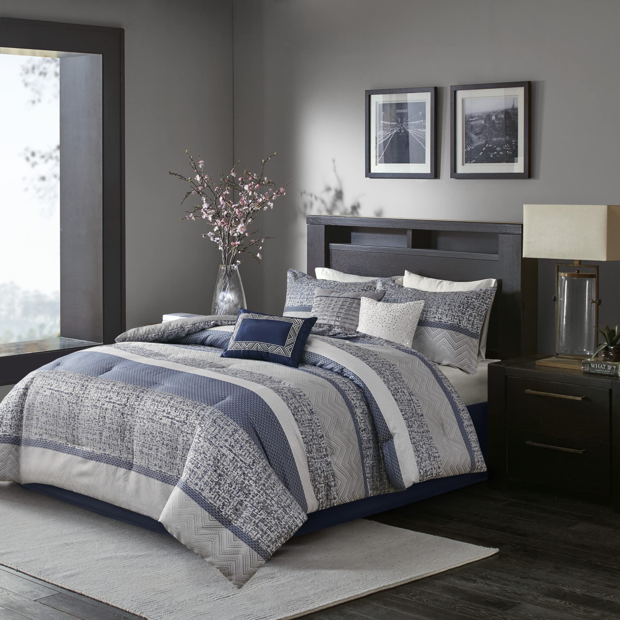 Madison Park Luxury Comforter Set-Traditional Jacquard Design All Season Down Alternative Bedding, Matching Bedskirt, Decorative Pillows, Queen(90"x90"), Rhapsody, Geometric Navy 7 Piece