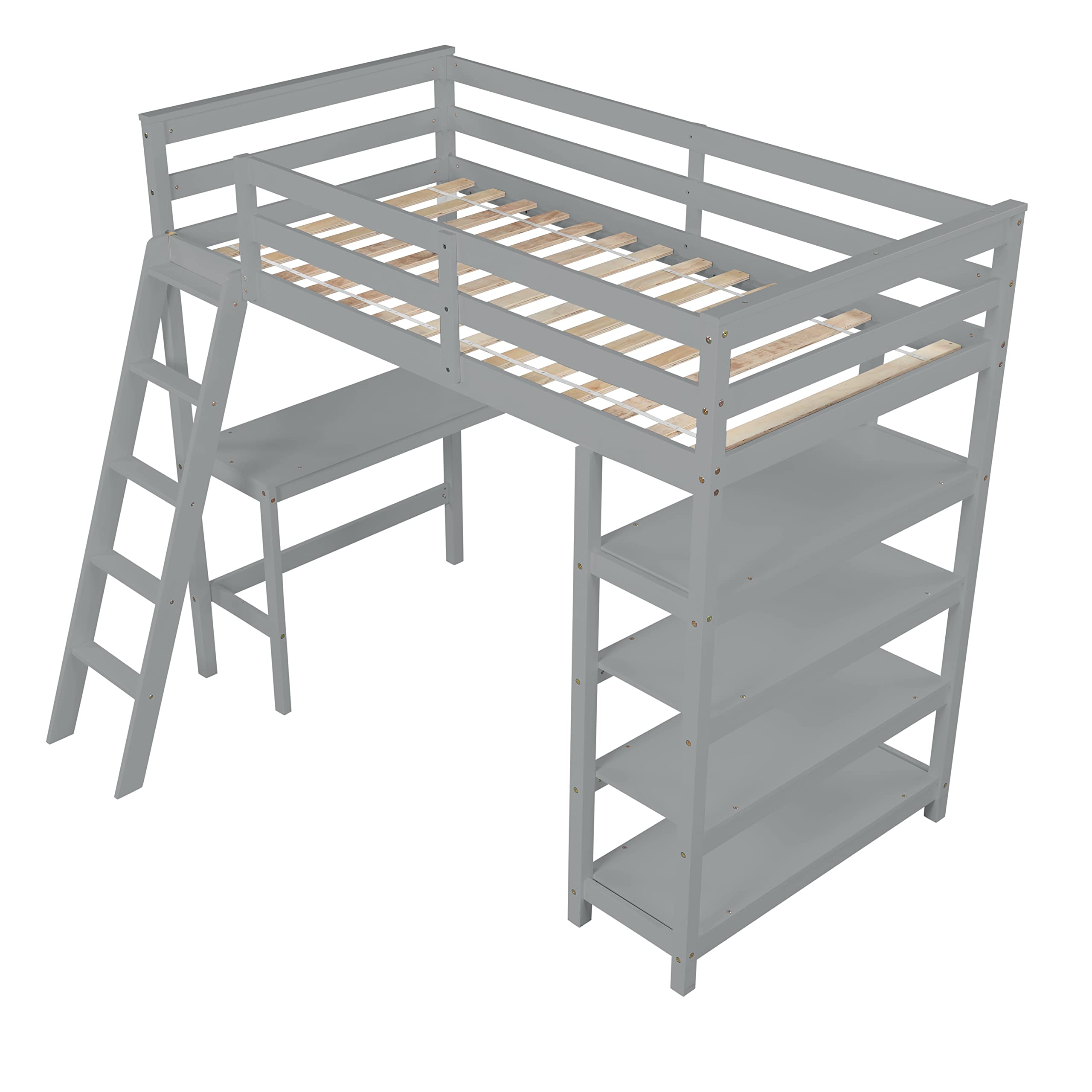 UOCFYK Twin Size Loft Bed with Desk,Solid Wood Loft Bed Frame w/Storage Shelves & Ladder for Kids Teens Bedroom,No Box Spring Needed,Super Save Space, Grey