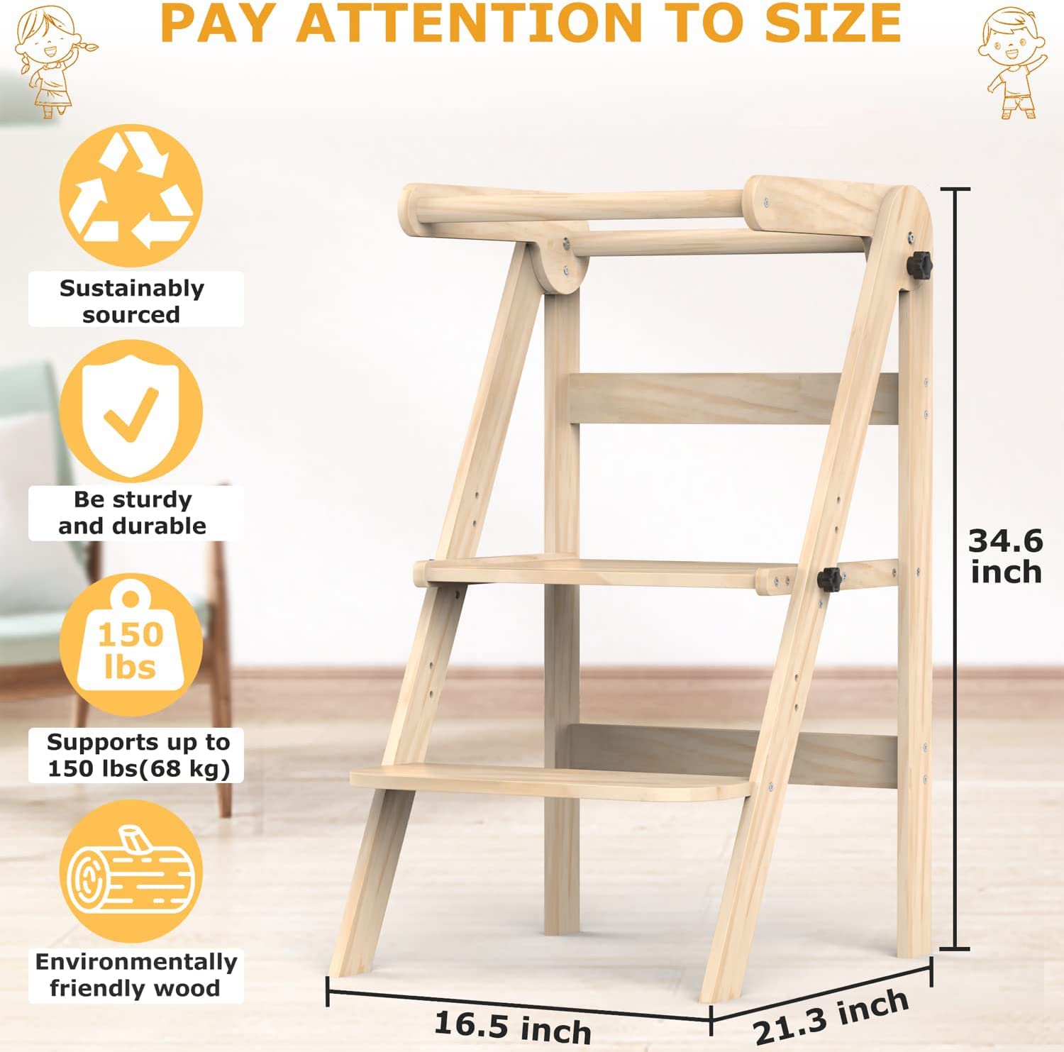 Kitchen Step Stool for Toddlers, Wooden Toddler Steps for Kids Kitchen Helper, Kids Montessori Learning Stool,Baby Standing Tower for Counter,Children Standing Helper