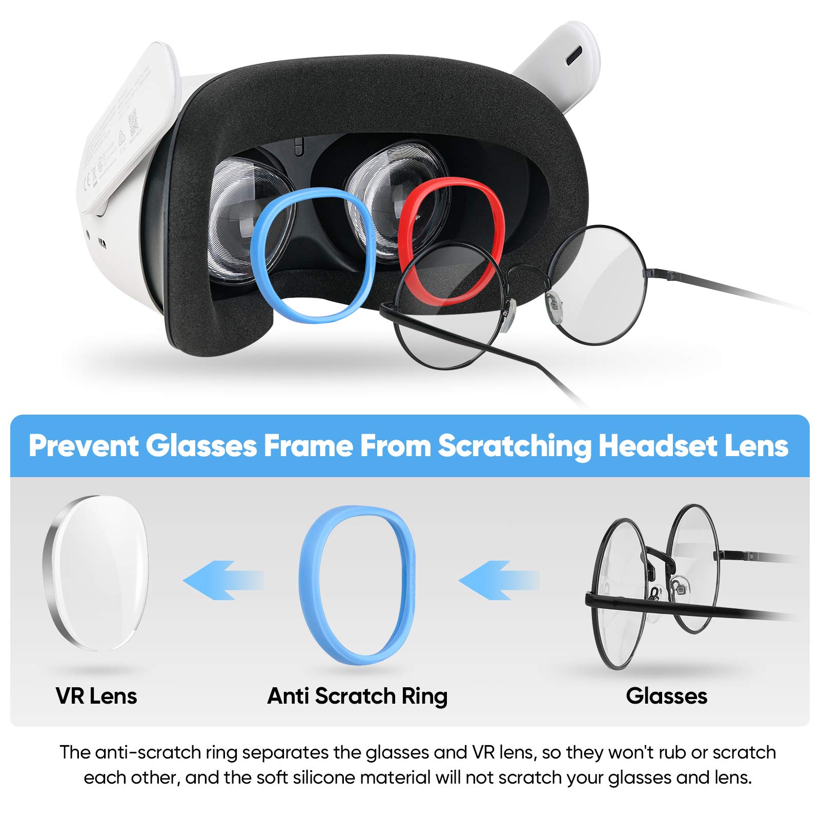 Lens Anti-Scratch Rings, Oculus Quest 2 Accessories, Also for Quest/Rift S/Go to Protect Myopia Glasses from Scratching, Bundled with Protective Lens Cover