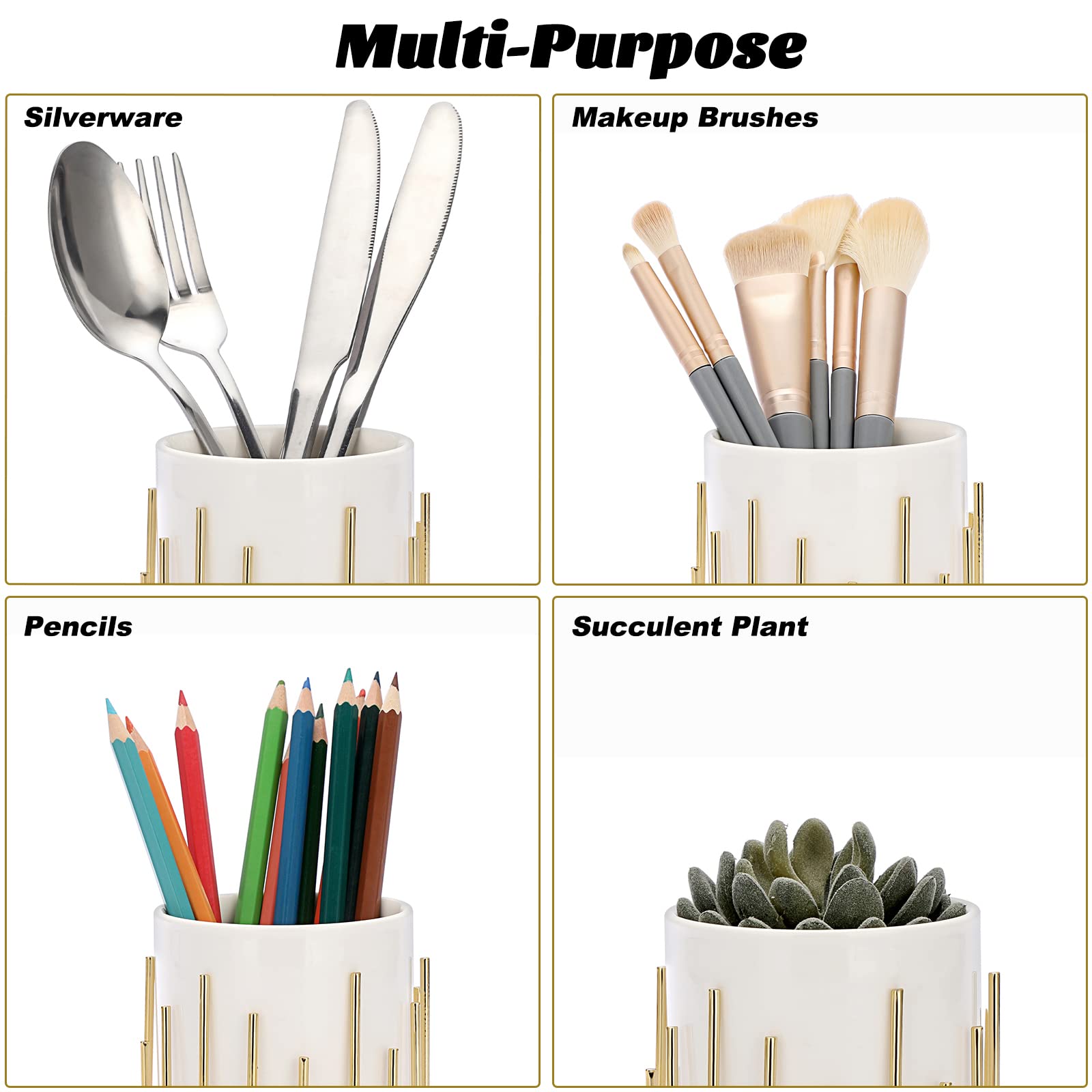JUXYES Pack of 3 Ceramic Silverware Holder for Party, White Cutlery Holder Holder With Golden Metal Bracket, Small Flatware Caddy Organizer Utensil Holder for Kitchen Countertops Dining Tables
