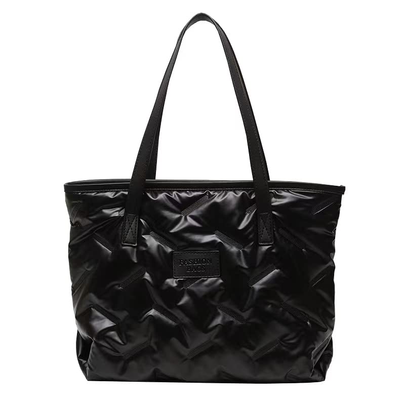 olues Big capacity Fashion Women Winter Bag Comfortable Puffer Quilted Tote Handbag Soft Shoulder Bag (Black)