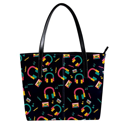 Neon Funky Head Phone Background Tote Bag for Women Girls, Leather Shoulder Bag with Inside Pockets, Zip Top Handbags