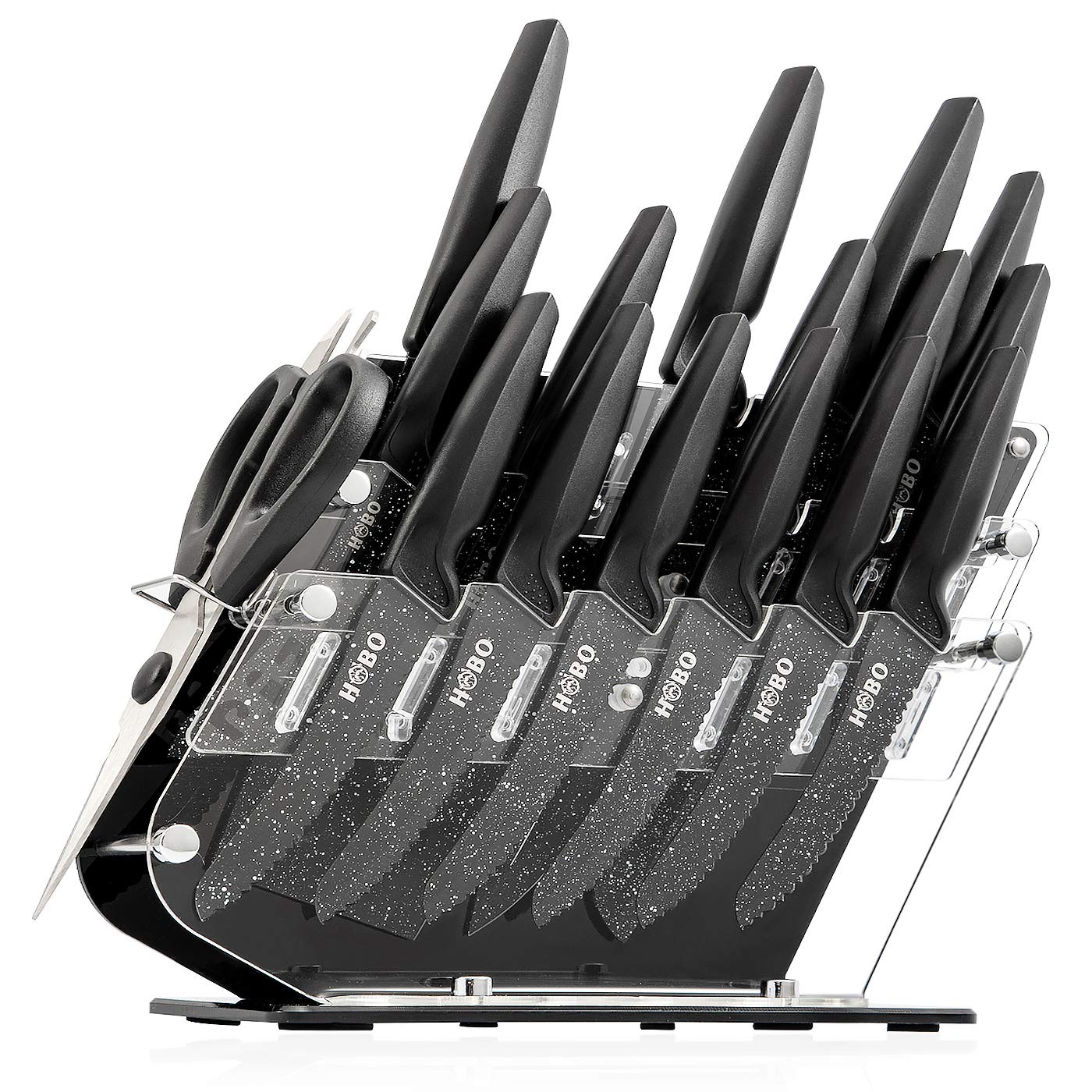 Knife Set, HOBO 17-Piece Kitchen Knives Set, German Stainless Steel Chef Knife Set with Acrylic Block, 6 Steak Knives, Professional Non-Slip Handle, Kitchen Scissors, Cooking Black Knife Set