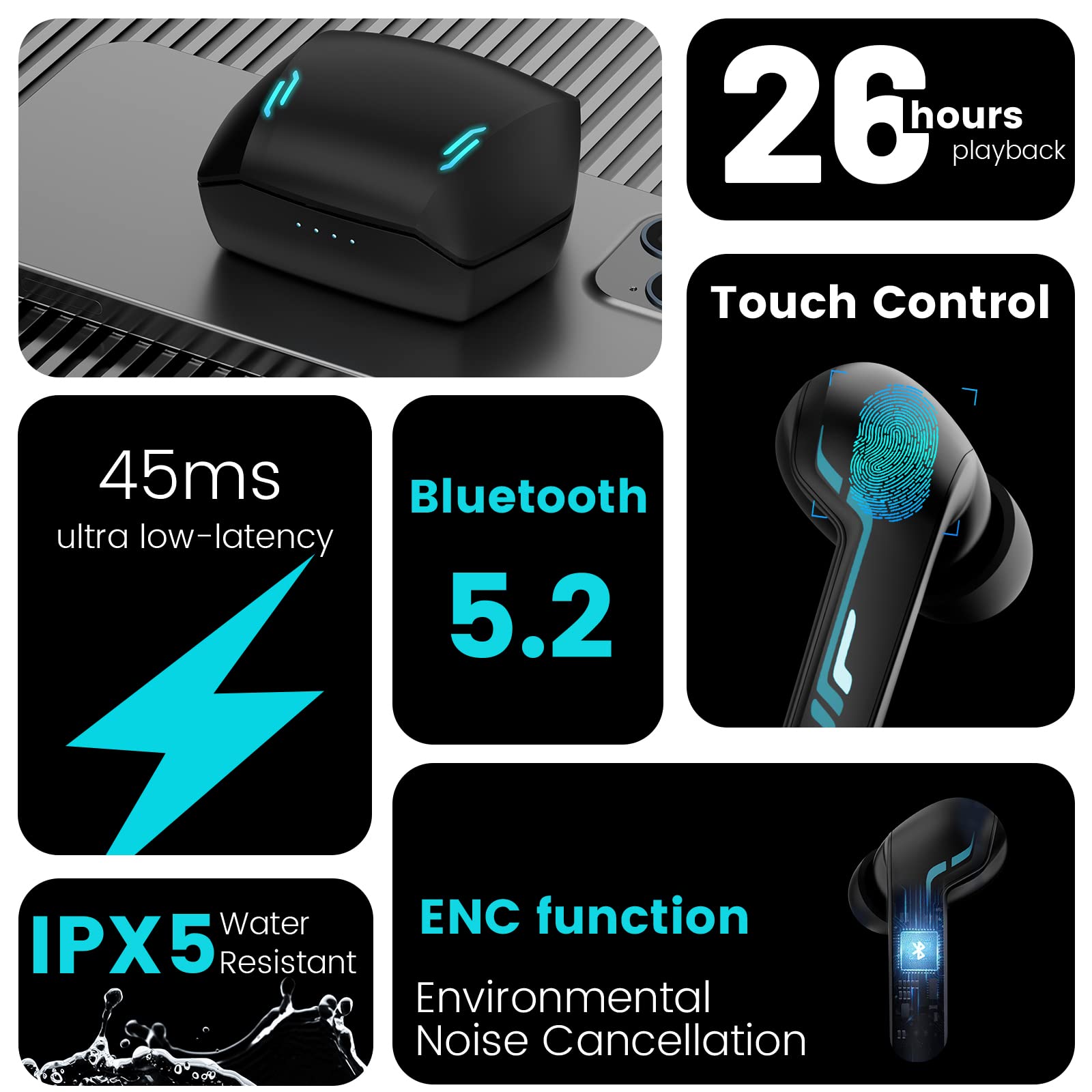 MORMOQUE T2 Wireless Gaming Earbuds, 45ms Low Latency Combat Mode, Wireless Earbuds with Microphone, IPX5 Waterproof,with 30H Playtime