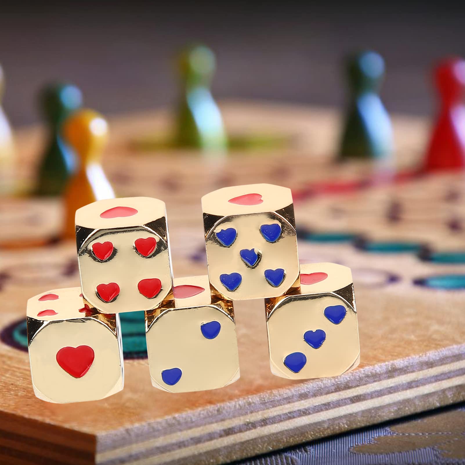NUOBESTY 5Pcs Metal Dice Toys, Decorative Dice with Heart Dots Board Games Dice Games Party Props and Classroom Supplies