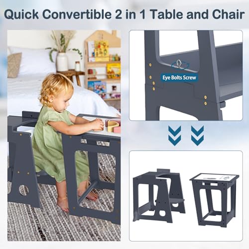 Kitchen Toddler Tower, Toddler Step Stool Learning Standing Tower with Whiteboard 2 in 1 Convertible Table and Chair, Removable Safety Rail, Widened Platforms for Kitchen Counter Bathroom Sink