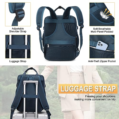 InduSKY Large Travel Backpack for Women, 40L Carry On Backpack Airline Flight Approved with USB Charging Port Shoes Compartment, Personal Luggage Backpack 15.6 Inch Laptop Backpack(Beige+Navy Blue)