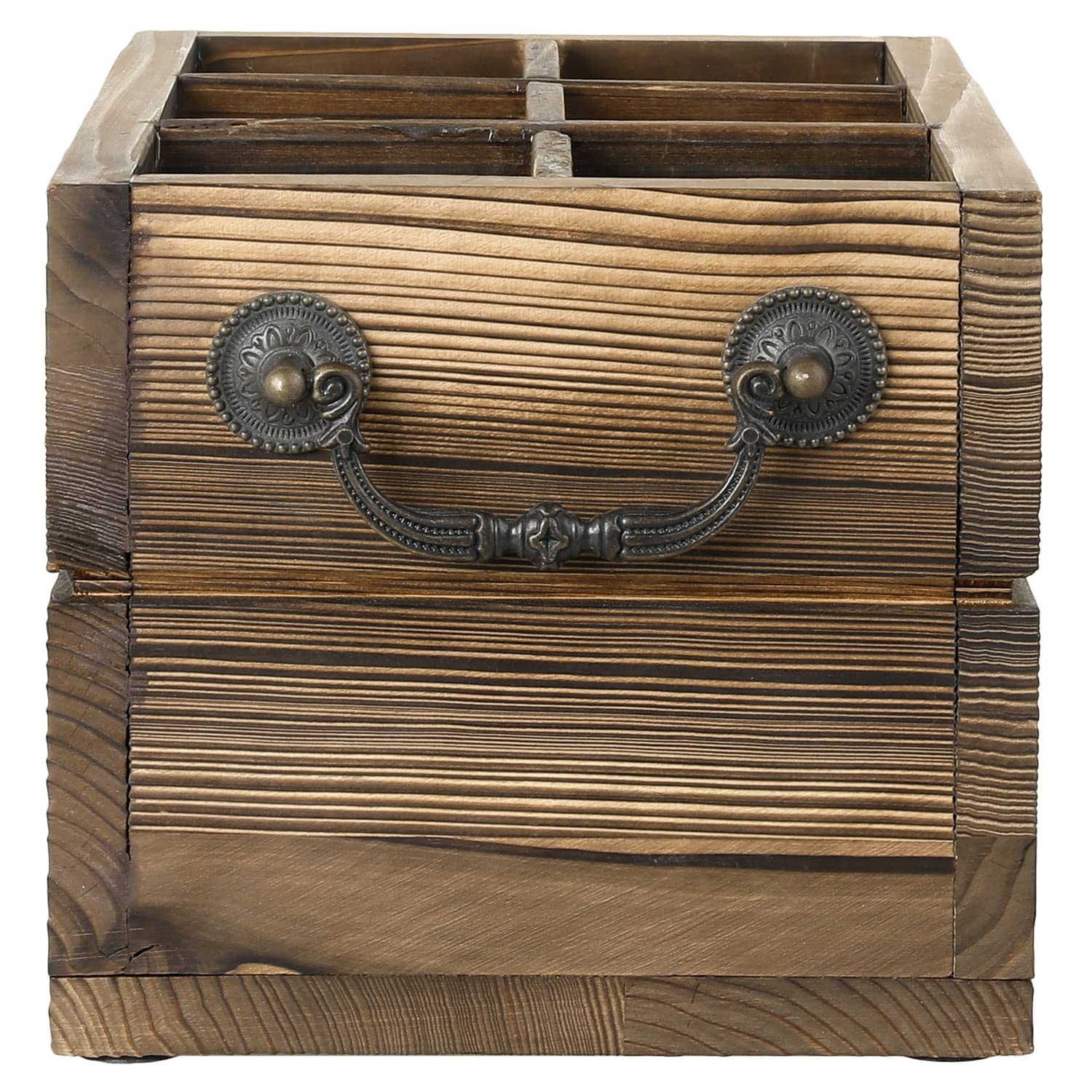 MyGift Rustic Burnt Wood Flatware Holder and Utensil Caddy Storage Carrier with 6 Slots and Vintage Metal Side Handles