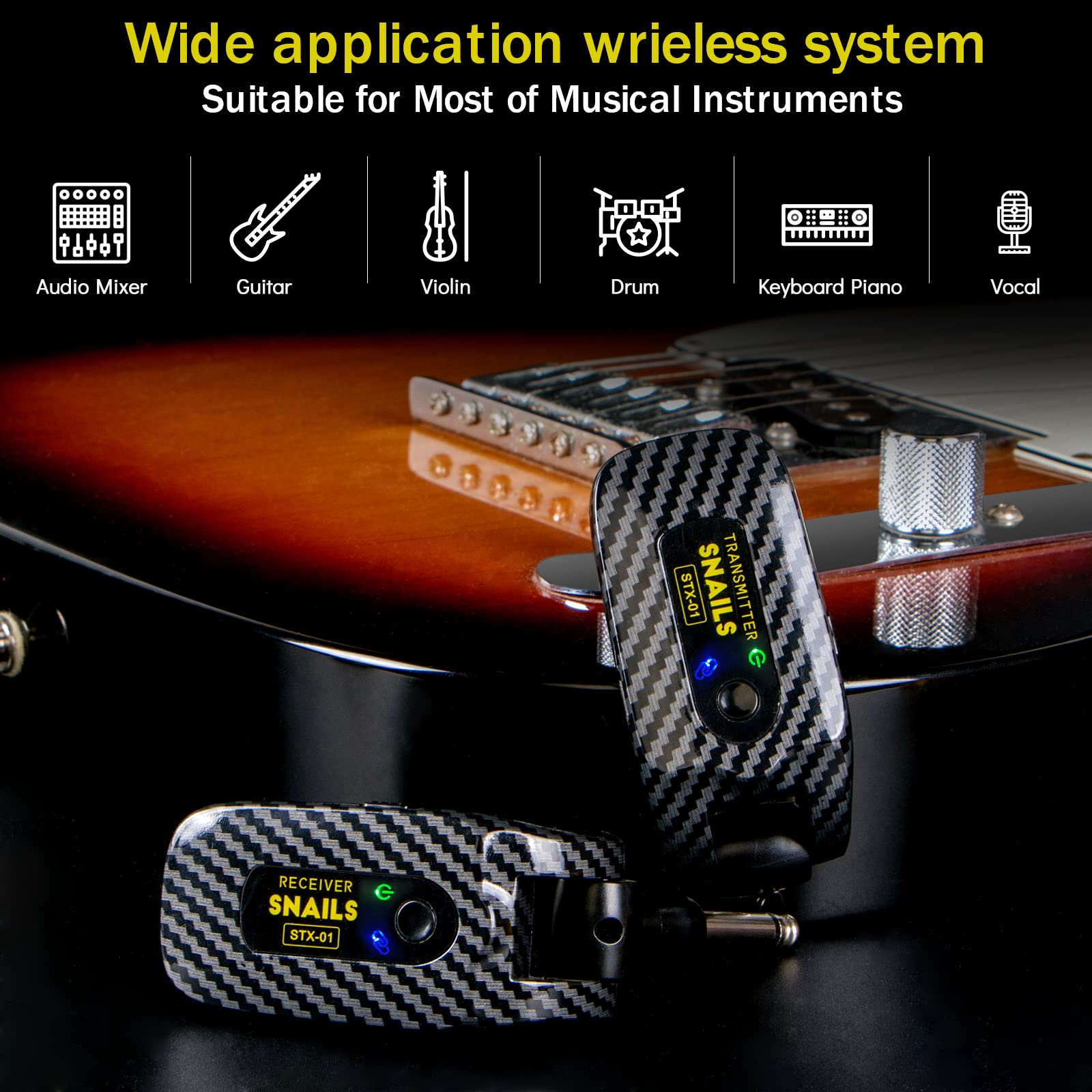 LOTMUSIC 2.4GHZ Wireless Guitar System, Rechargeable Digital Wireless Guitar Transmitter Receiver with 4 Channels and Long Battery Endurance for Electric Guitar Bass