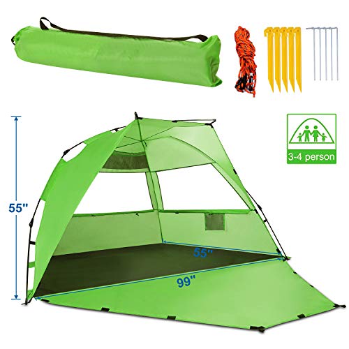 KO-ON Beach Tent Sun Shelter Pop Up XL - Easy Setup Beach Shade for 3-4 Person with UPF 50+ Protection, Extended Floor & 3 Ventilation Windows丨Carrying Bag (Grass Green)