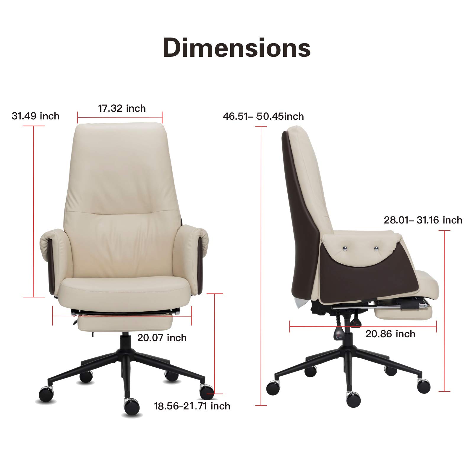 Leather Executive Chair Adjustable Reclining Swivel Office Desk Chair with Hidden Footrest Padded Armrest 350lbs Load-Bearing Strong Iron Frame Ergonomic High Back Master Computer Desk Chair – Beige