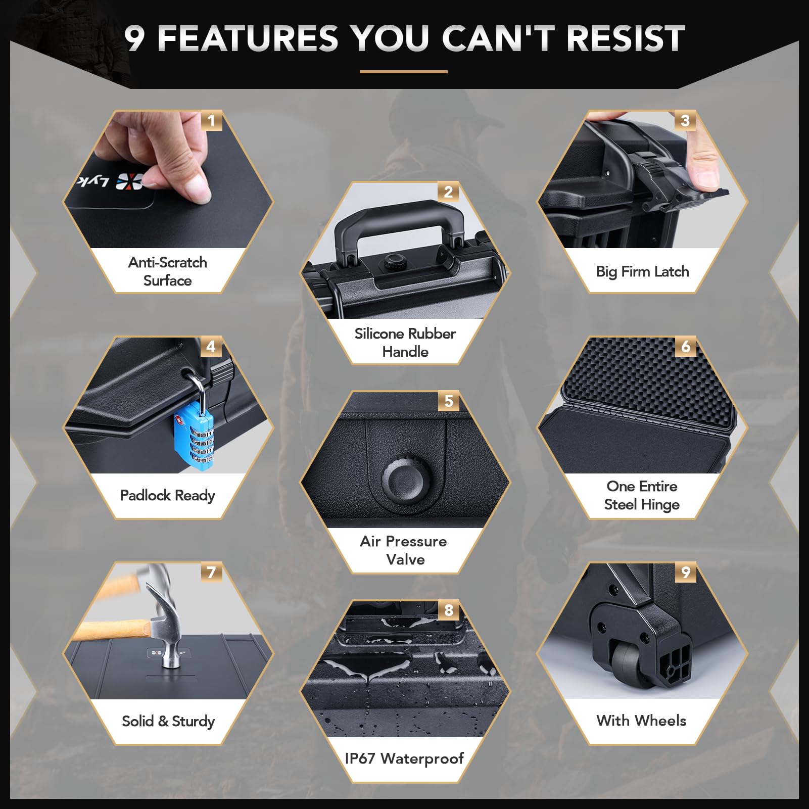 Lykus HC-5220 Waterproof Hard Case with Wheels and Customizable Foam, Interior Size 20.5x14.2x9.7 inch, Suitable for cameras, lenses, electronic equipment and more